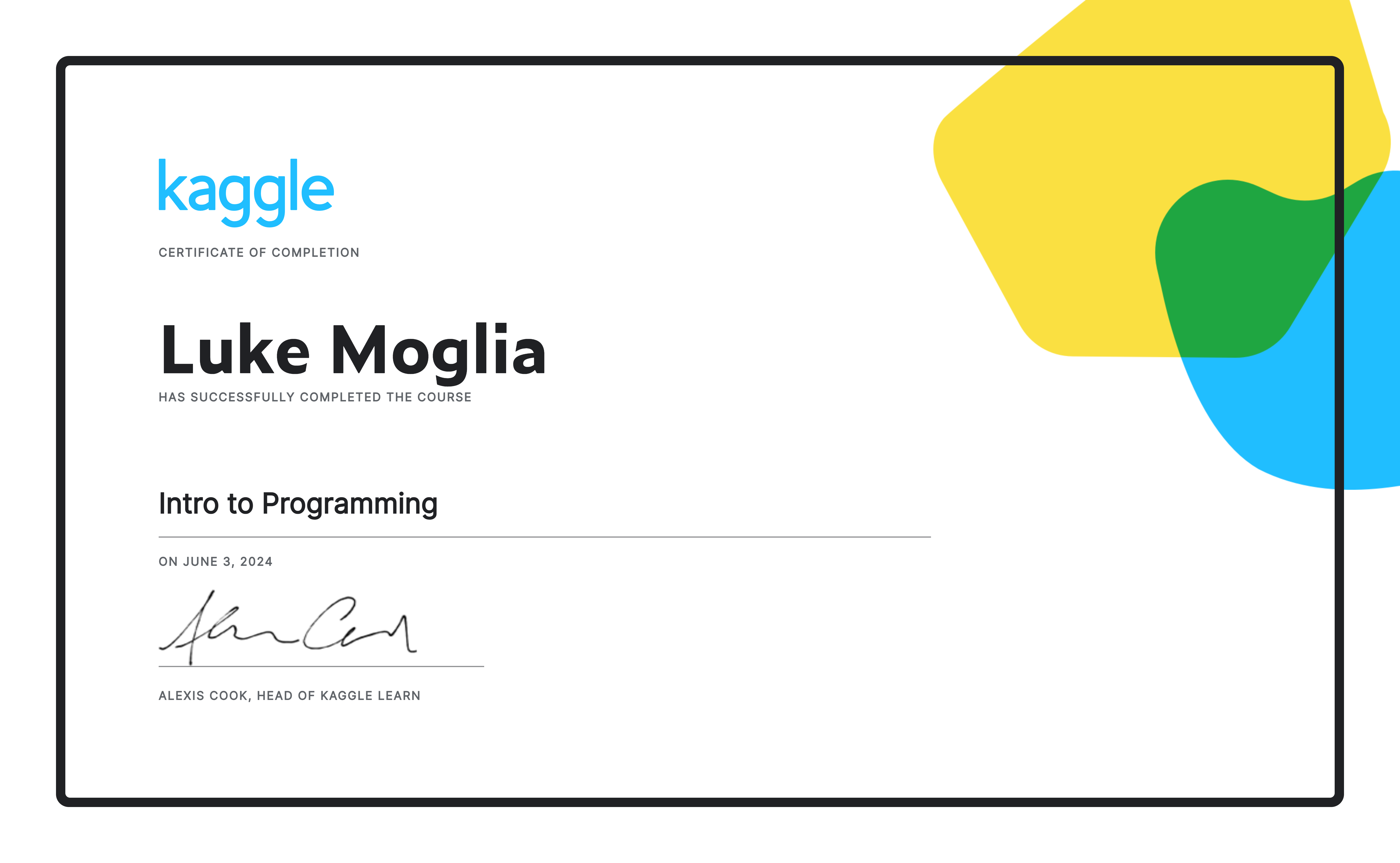 Luke Moglia completed the Intro to Programming course on Kaggle!