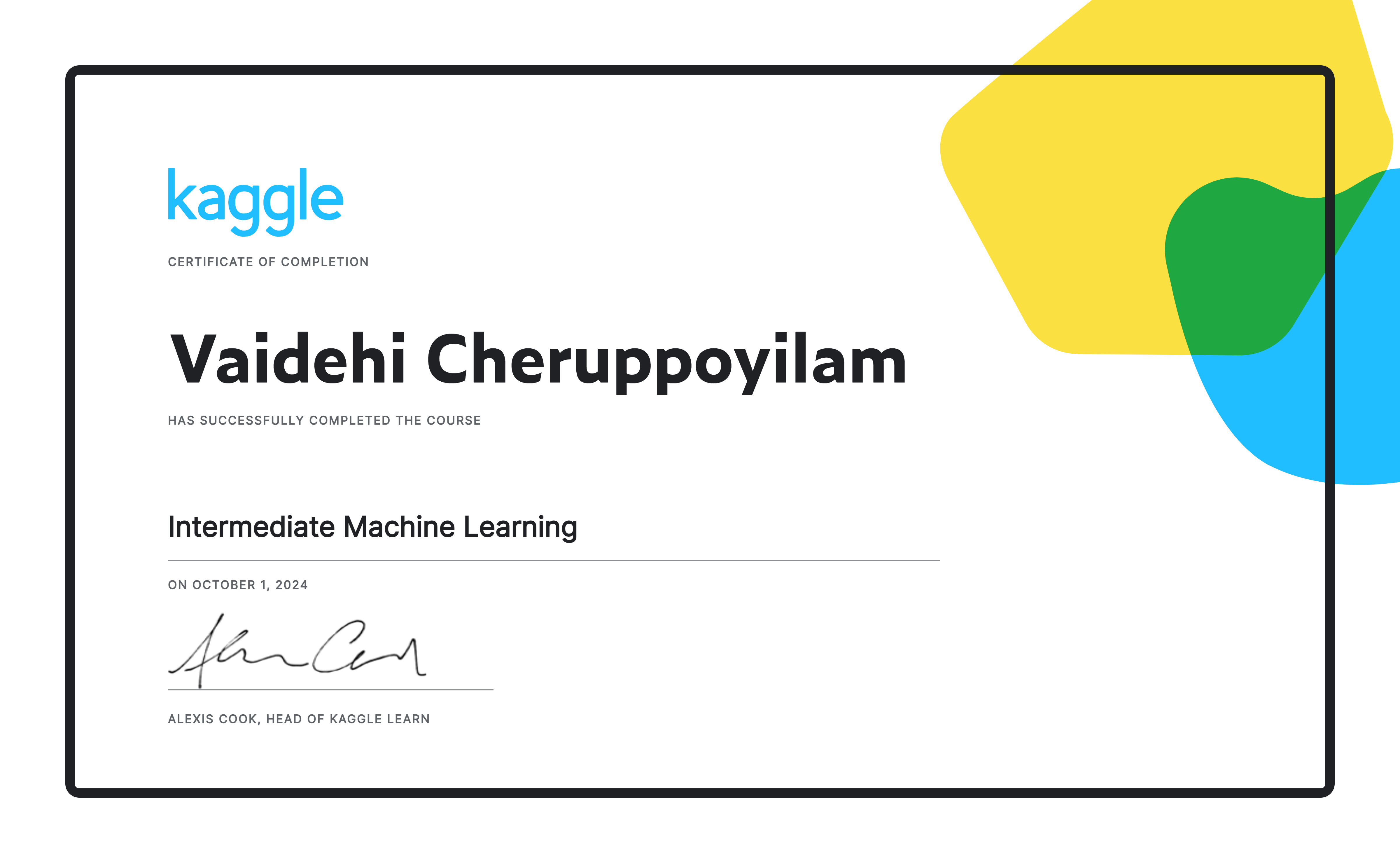 Vaidehi Cheruppoyilam completed the Intermediate Machine Learning course on Kaggle!