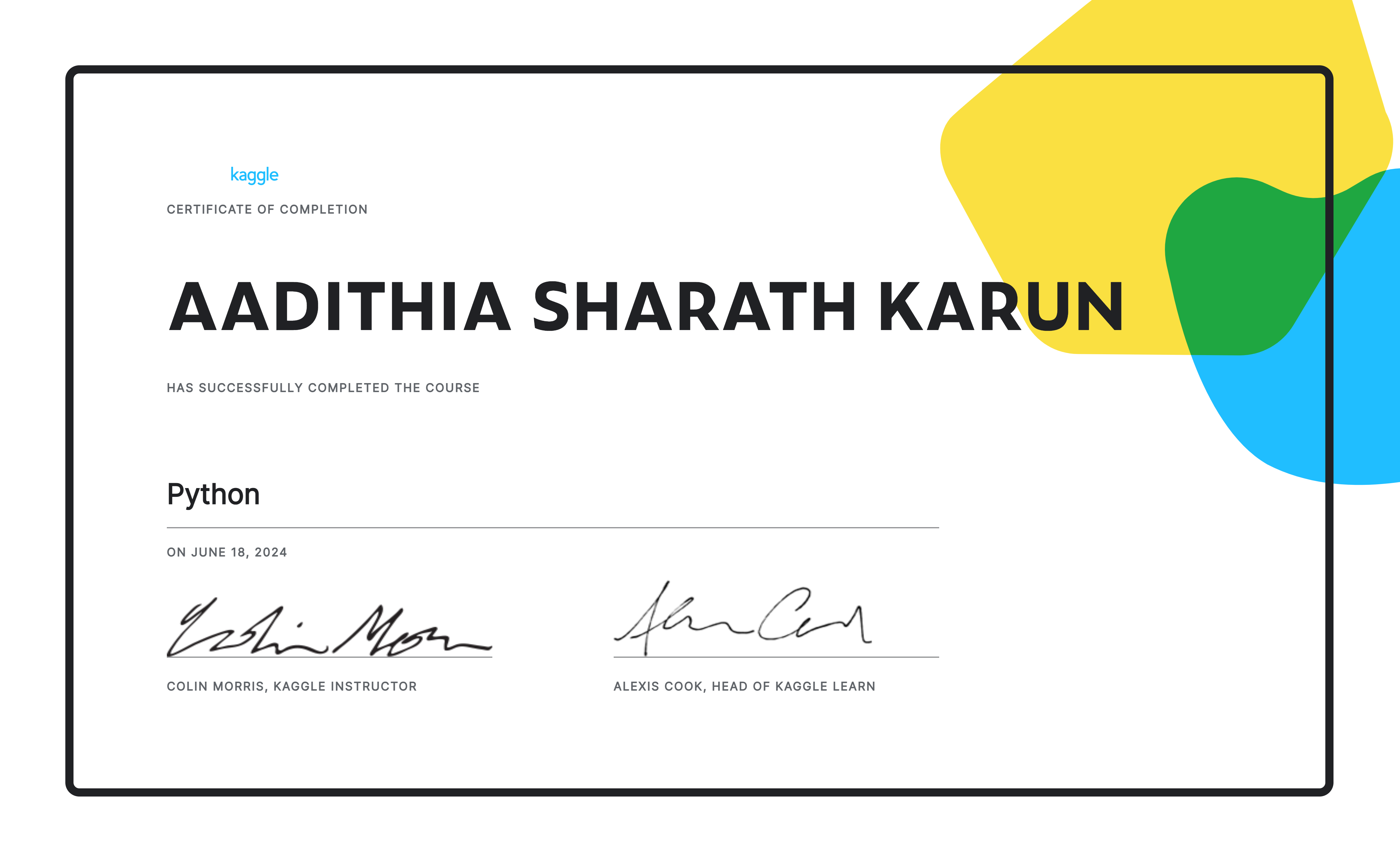 Aadithia Sharath Karun Completed The Python Course On Kaggle 7471