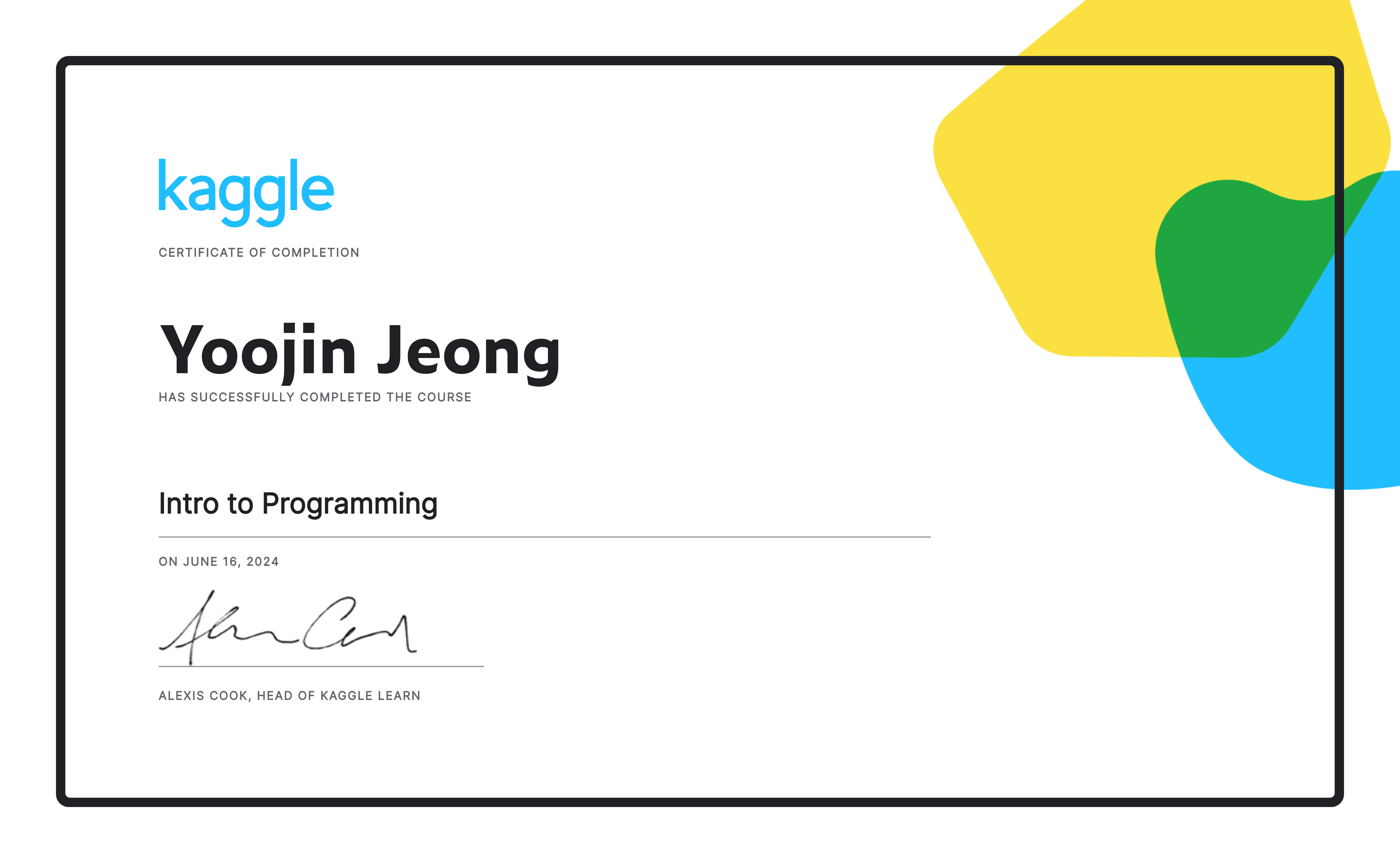Yoojin Jeong completed the Intro to Programming course on Kaggle!