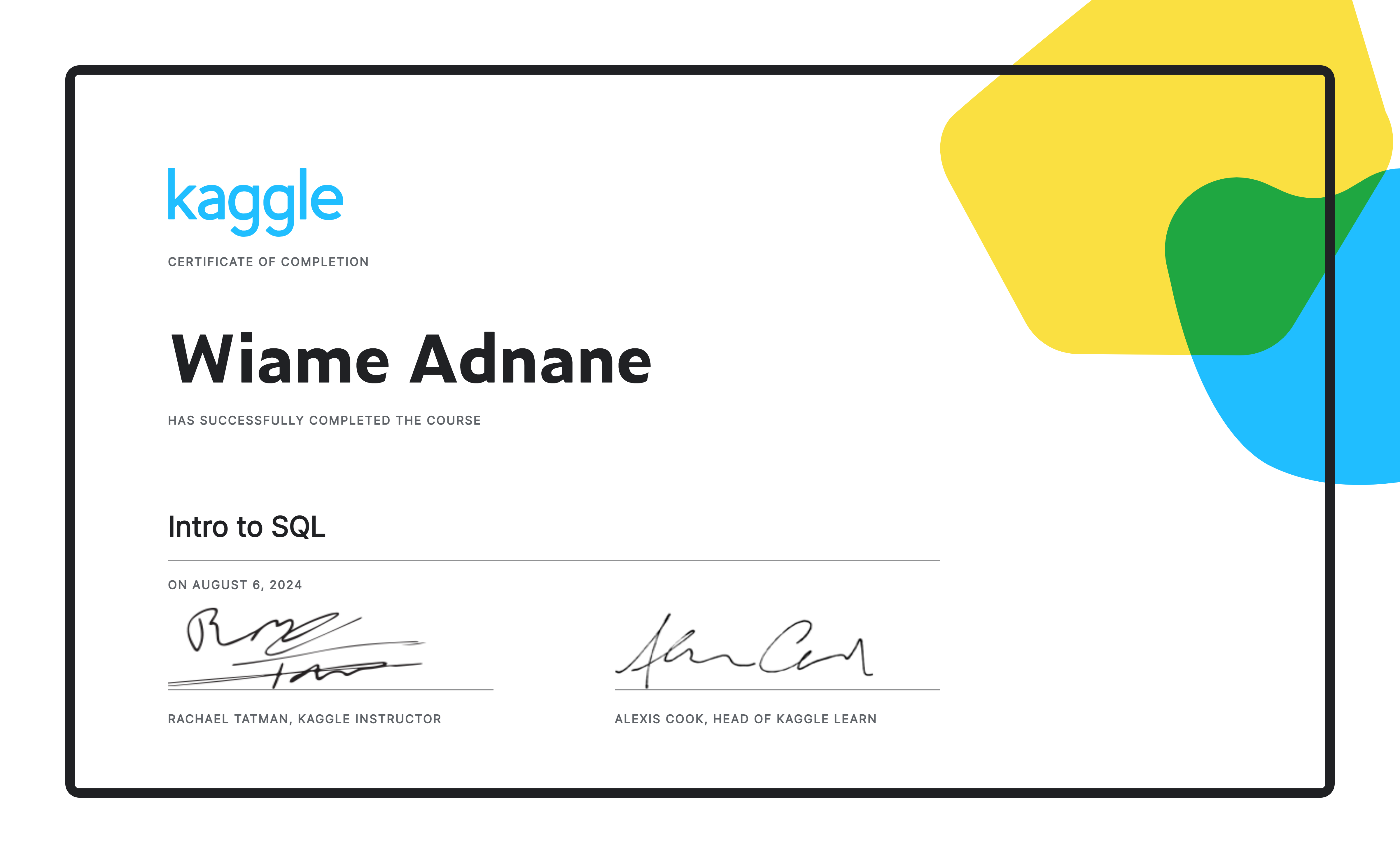 Wiame Adnane completed the Intro to SQL course on Kaggle!