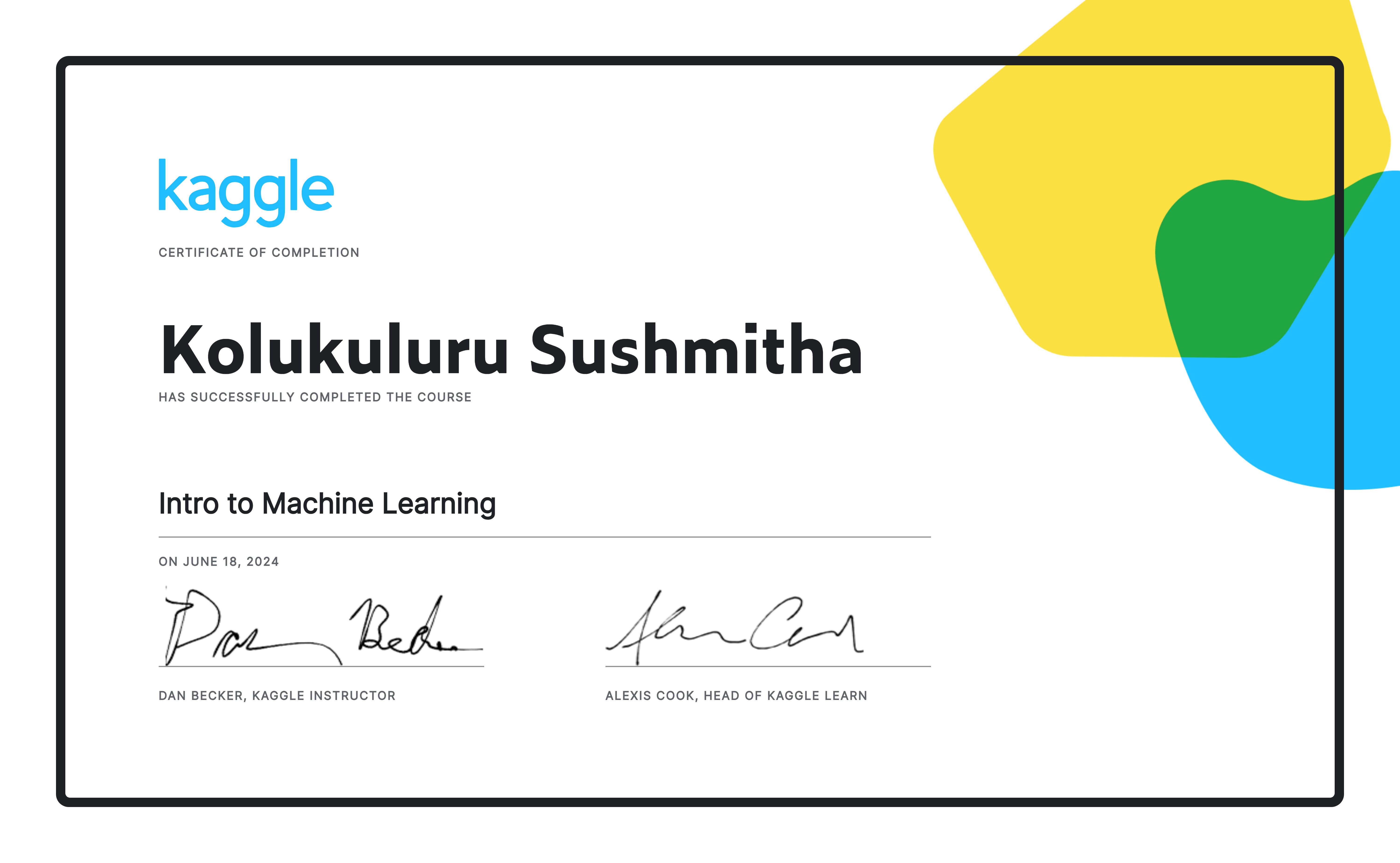 Kolukuluru Sushmitha Completed The Intro To Machine Learning Course On Kaggle