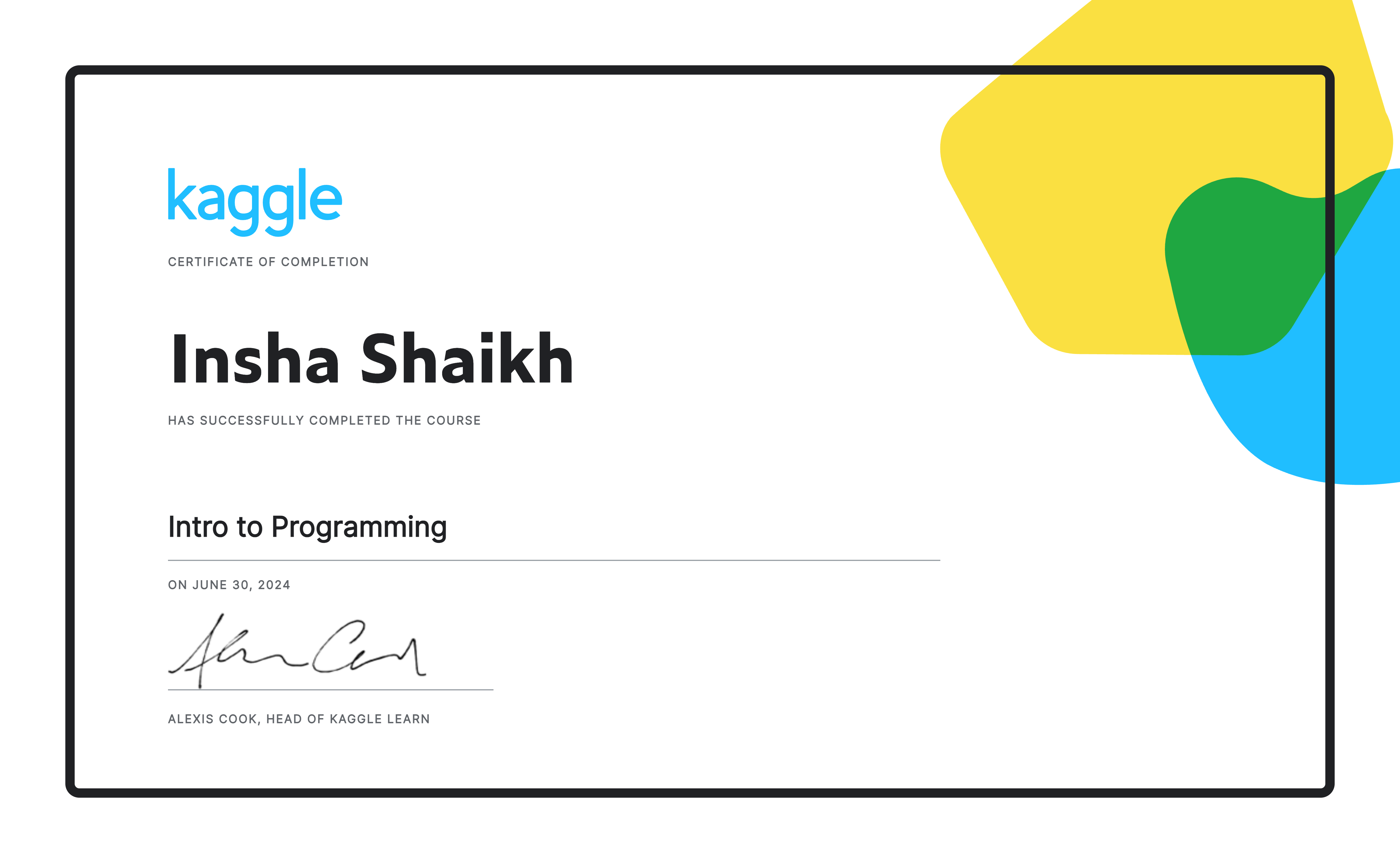 Insha Sameer Shaikh completed the Intro to Programming course on Kaggle!