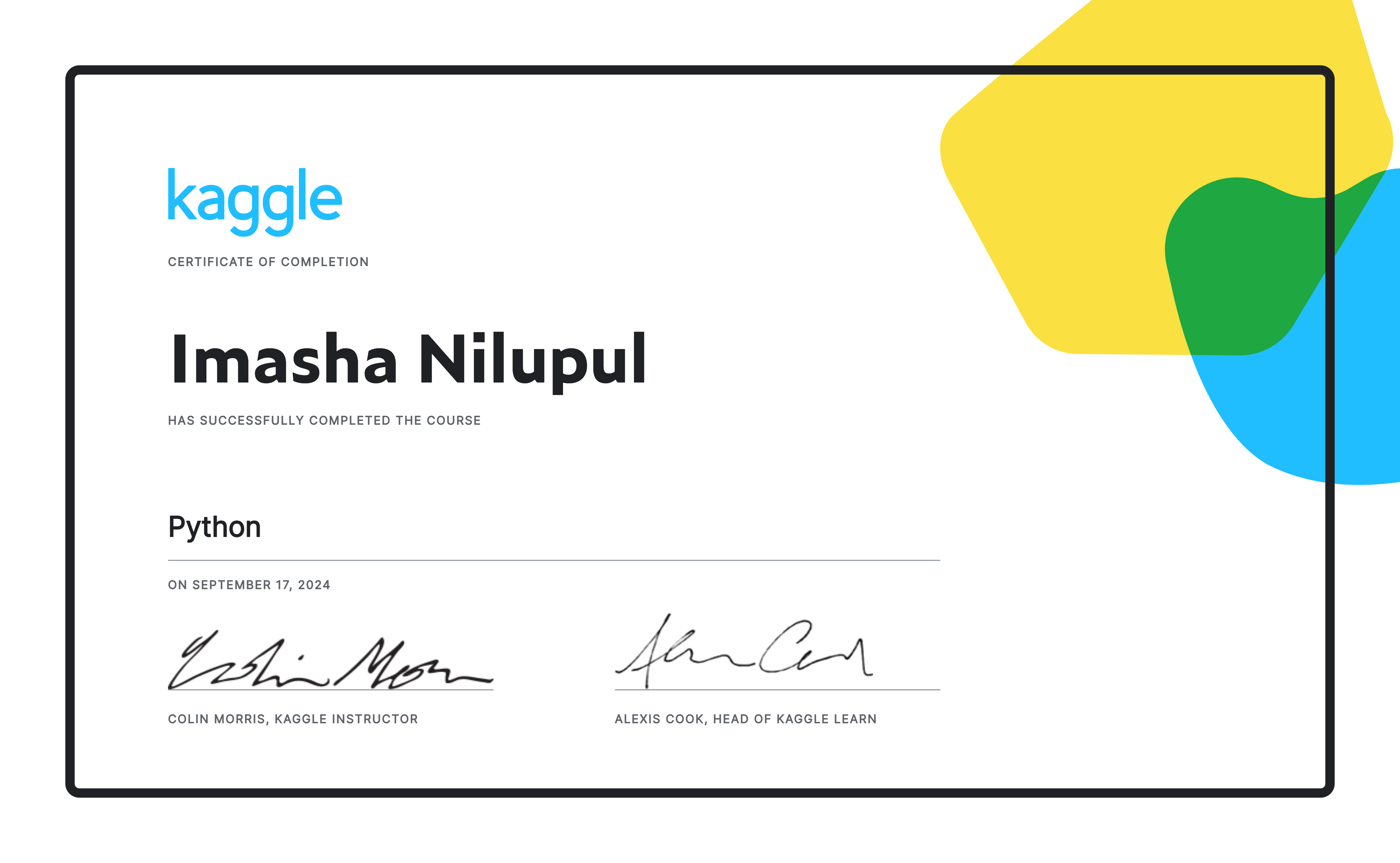 Imasha Nilupul completed the Python course on Kaggle!