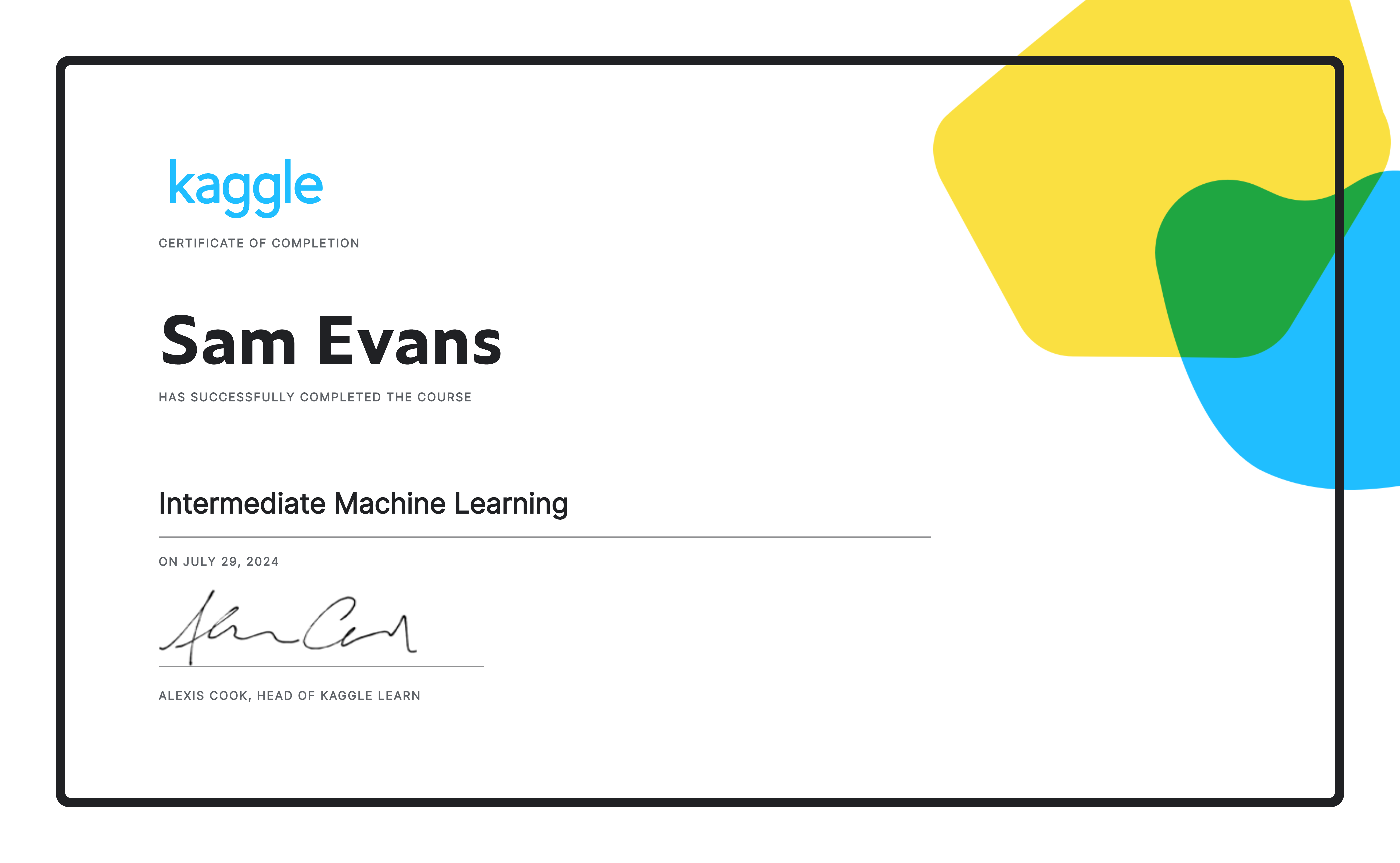 Sam Evans completed the Intermediate Machine Learning course on Kaggle!