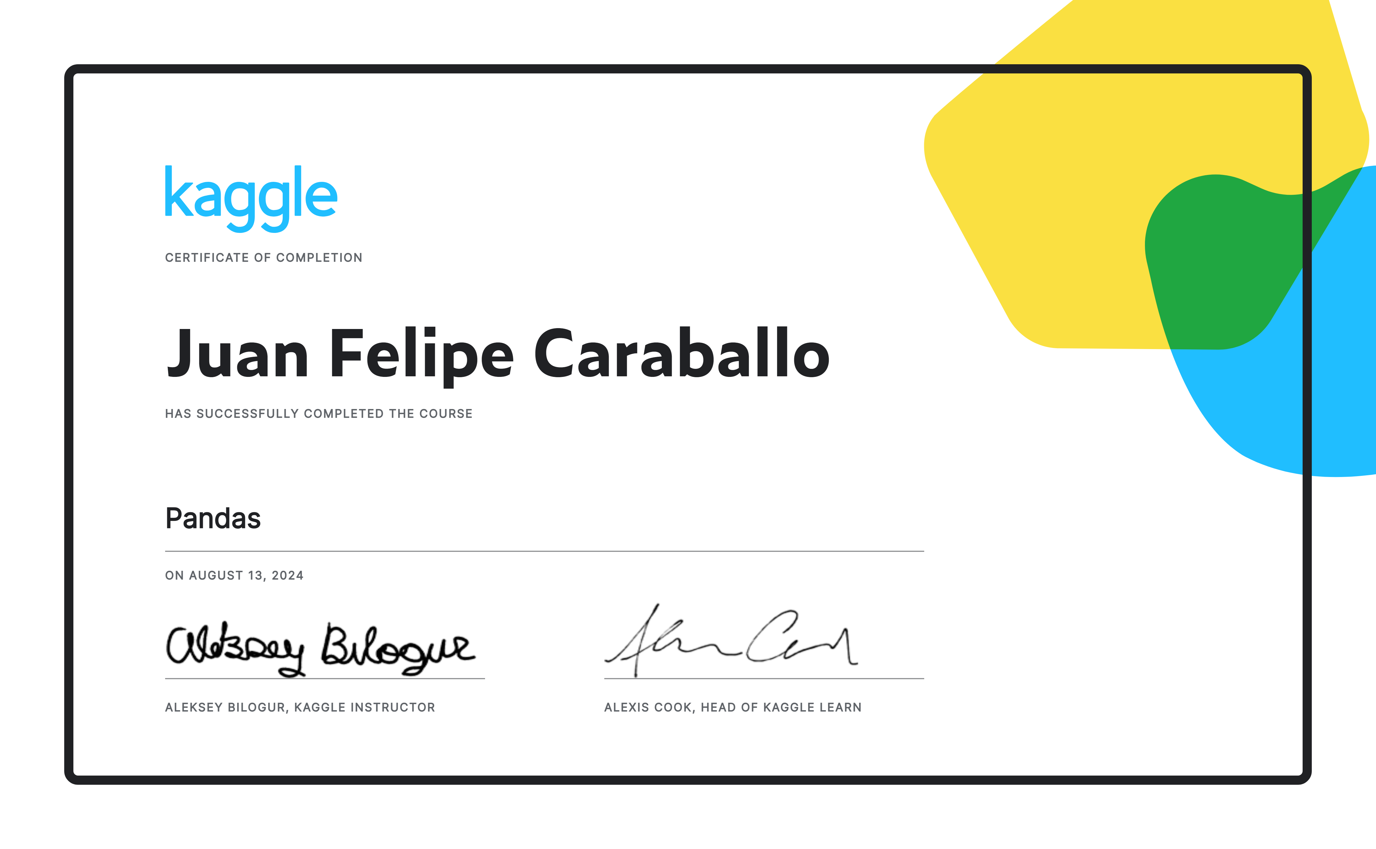 Juan Felipe Caraballo completed the Pandas course on Kaggle!