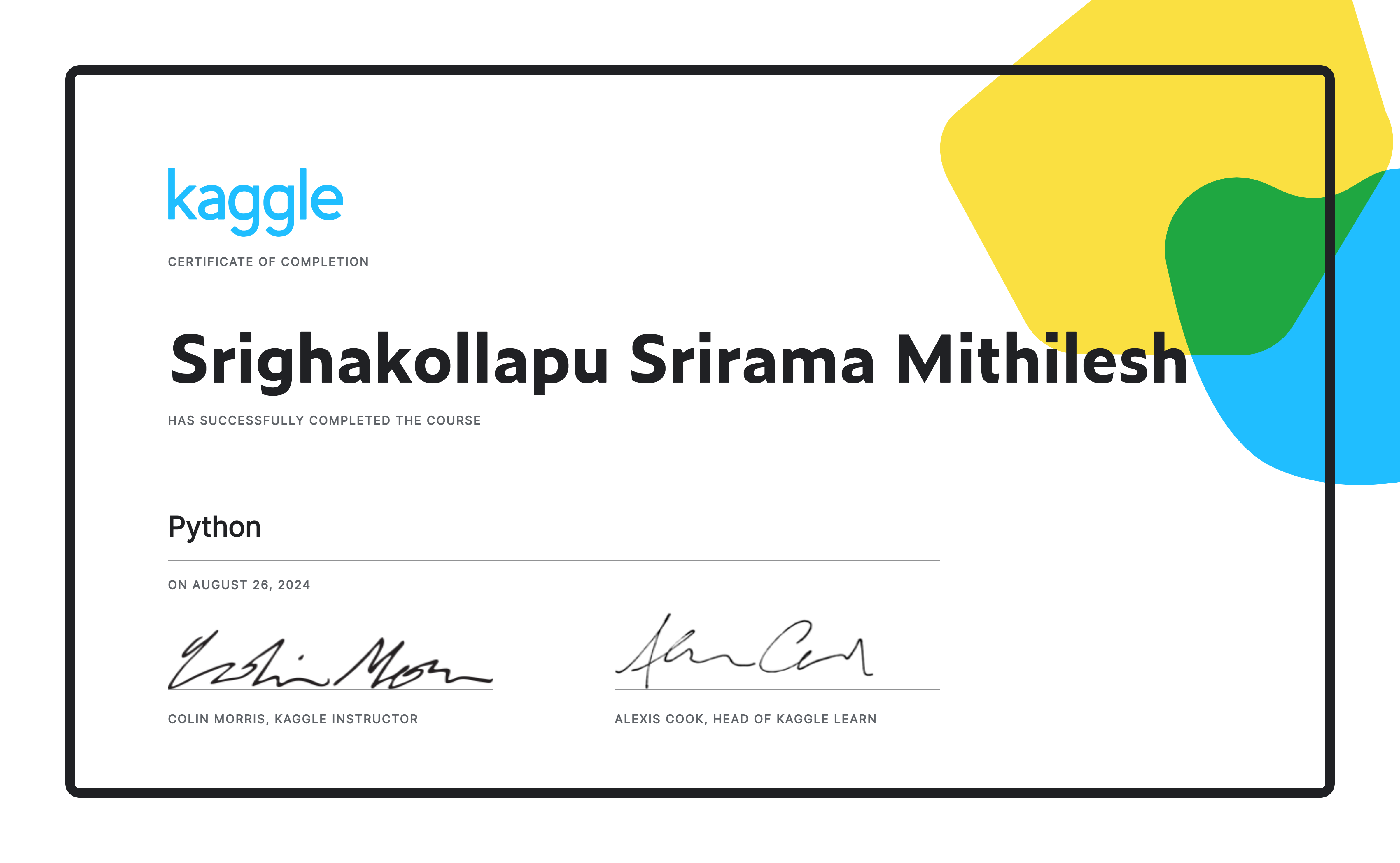 Srighakollapu Srirama Mithilesh Completed The Python Course On Kaggle