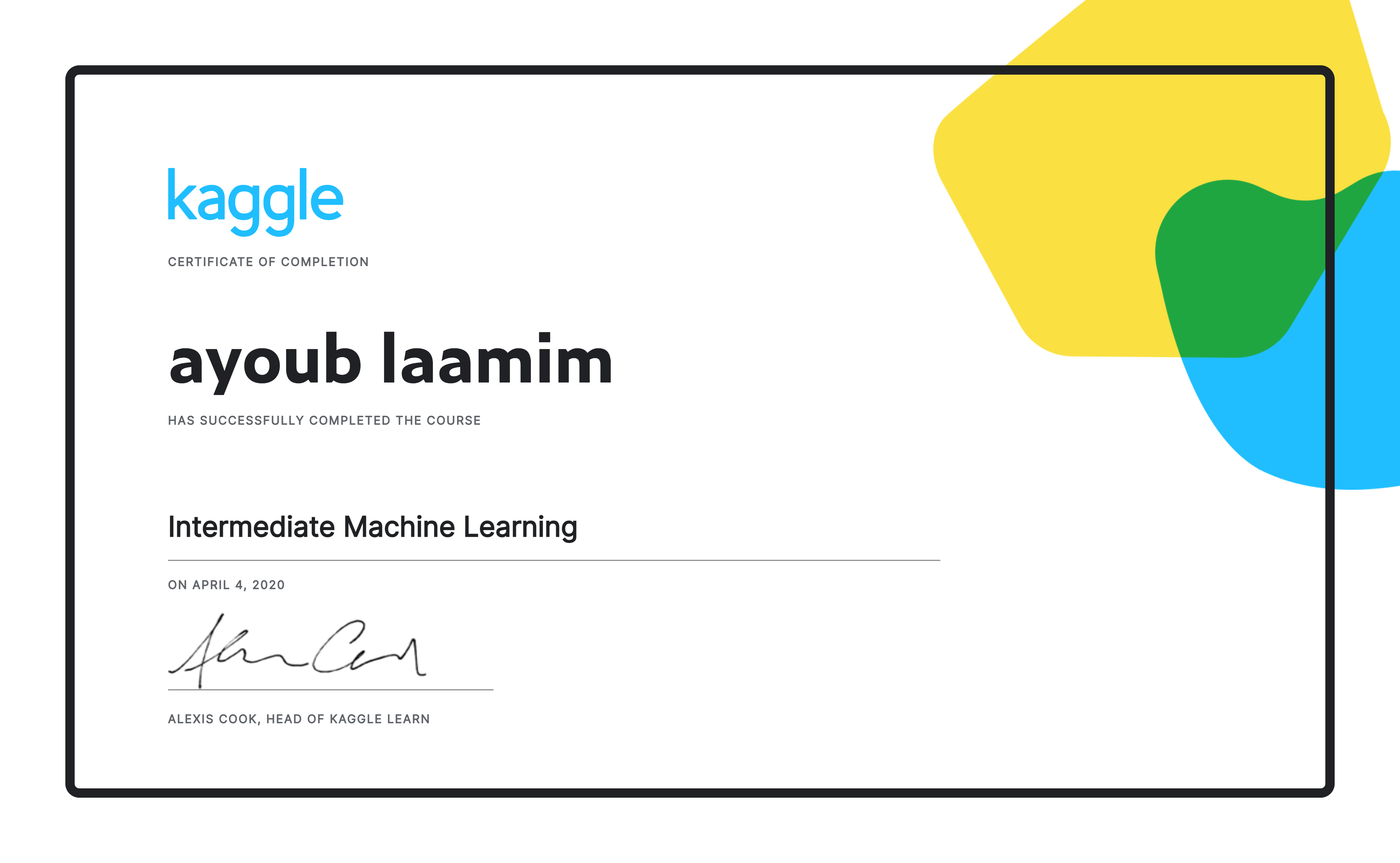 ayoub laamim completed the Intermediate Machine Learning course on Kaggle!