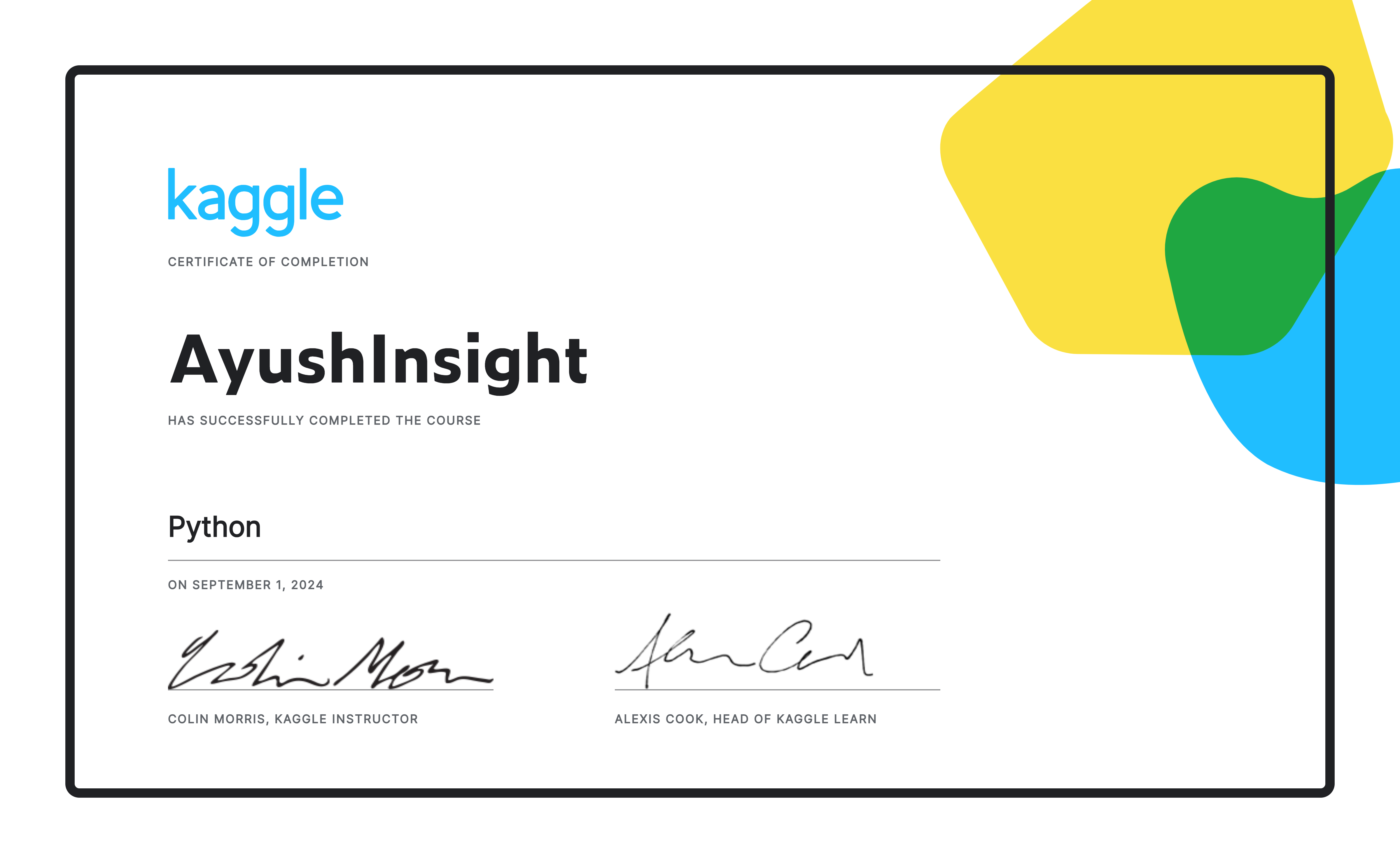 AyushInsight completed the Python course on Kaggle!