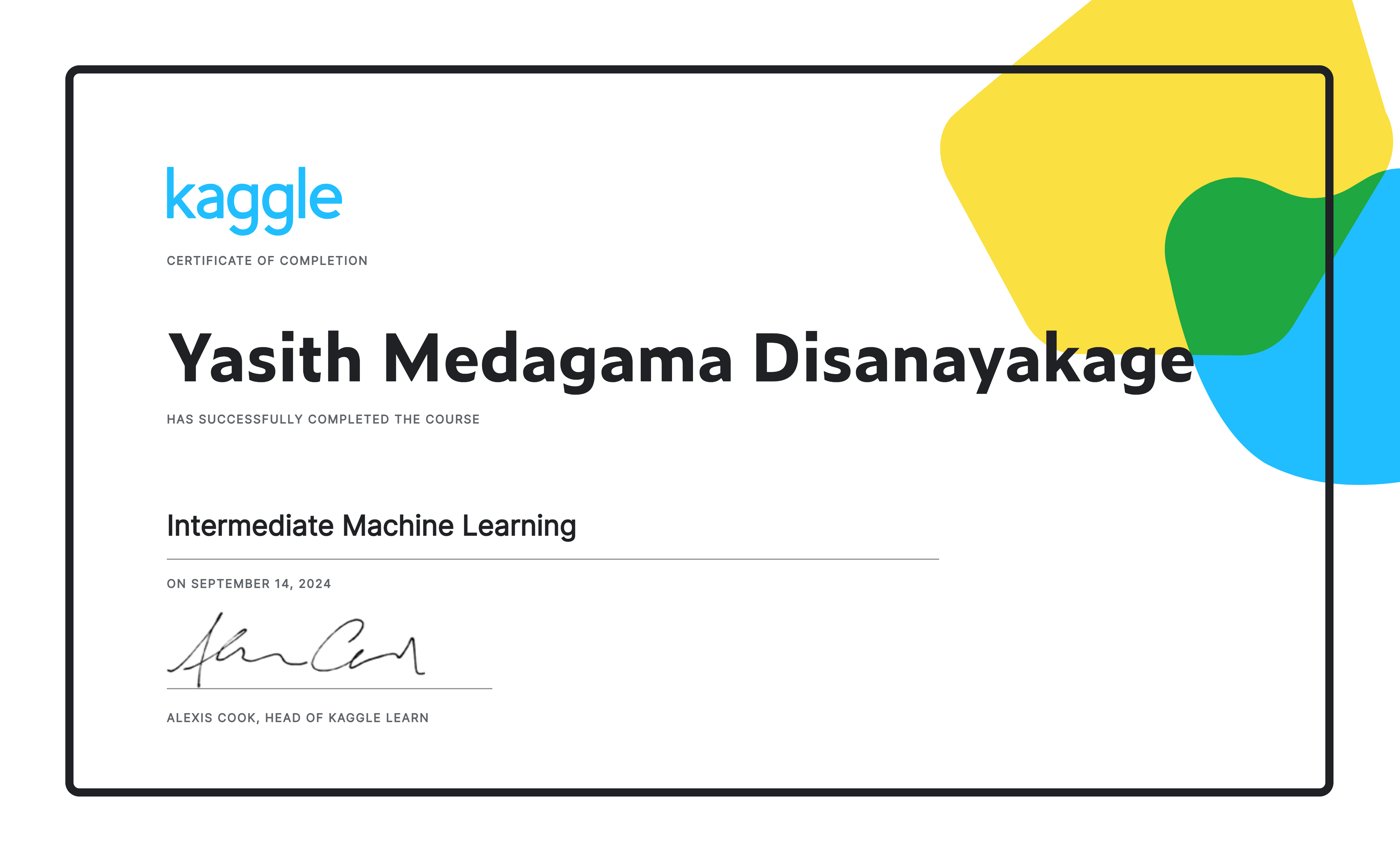 Yasith Medagama Disanayakage completed the Intermediate Machine Learning course on Kaggle!