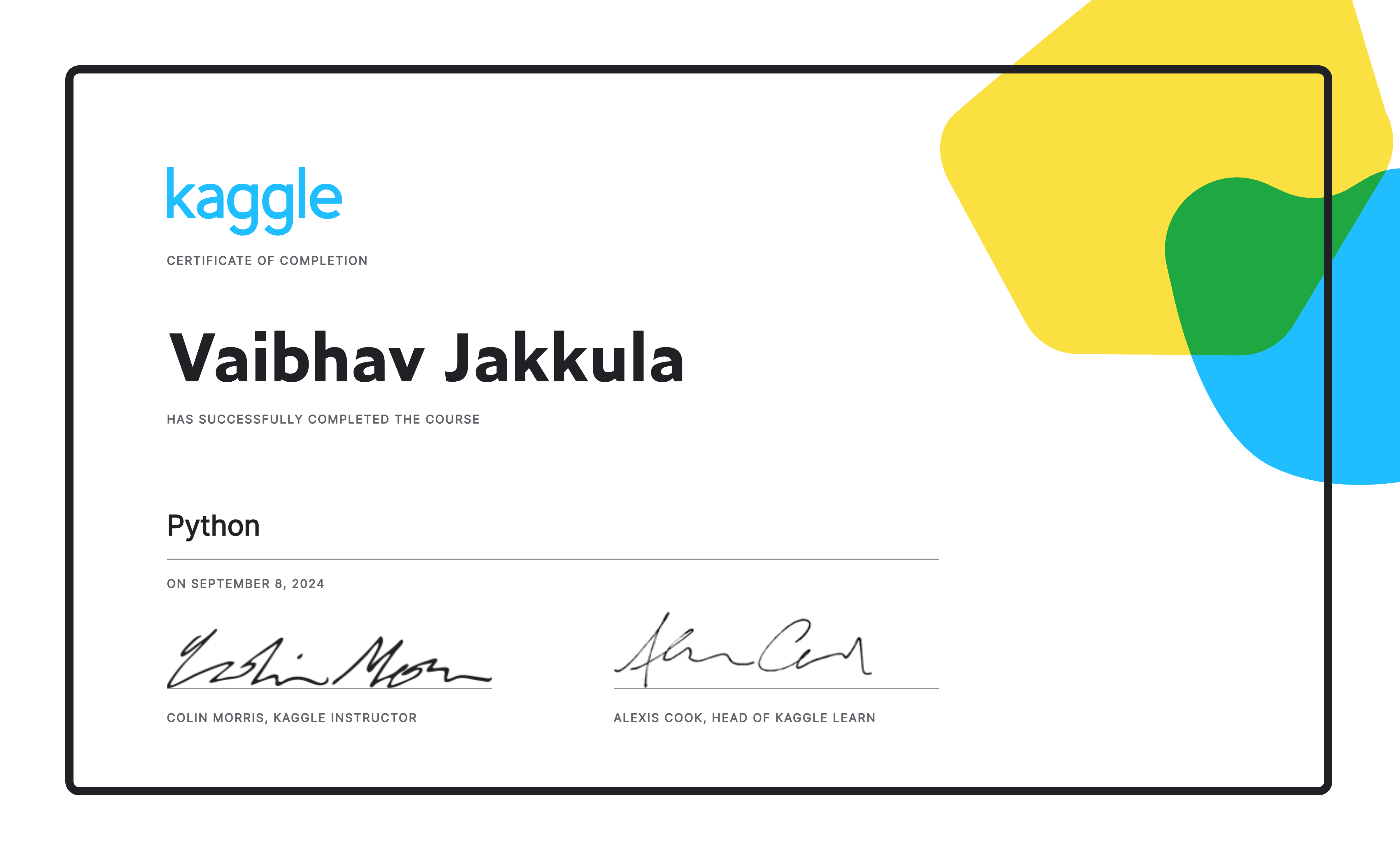 Vaibhav Jakkula completed the Python course on Kaggle!