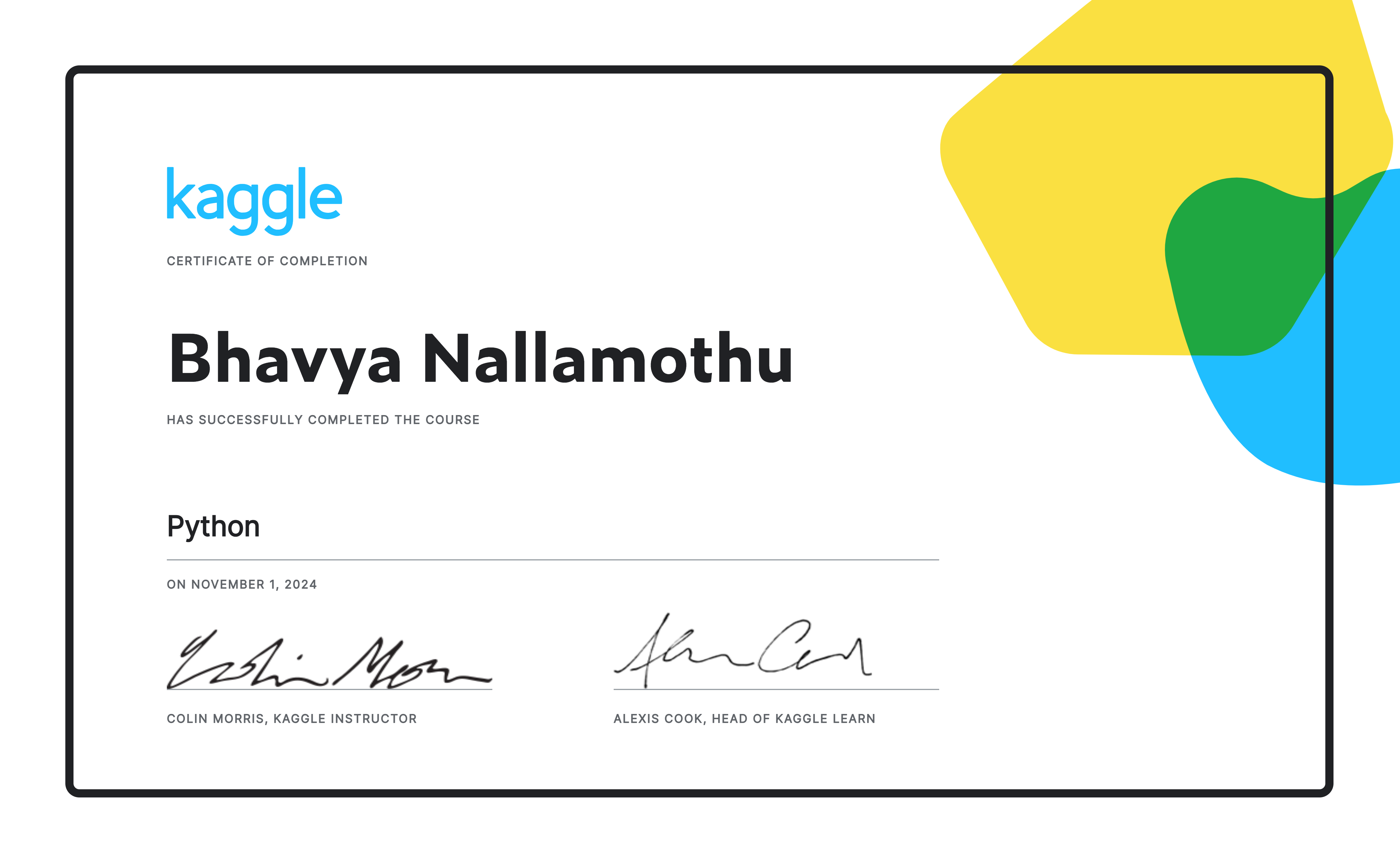 Bhavya Nallamothu completed the Python course on Kaggle!