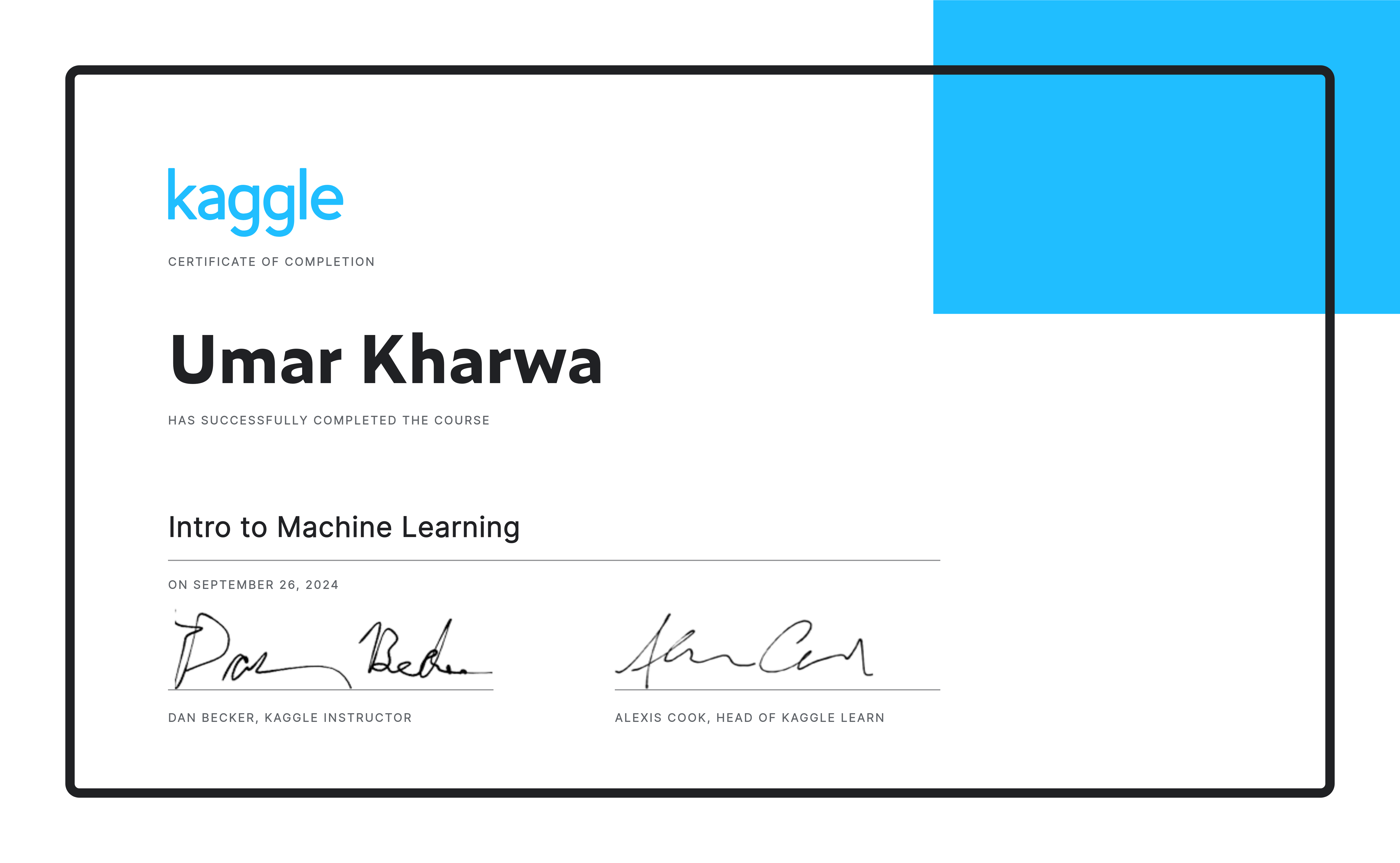 Umar Kharwa completed the Intro to Machine Learning course on Kaggle!