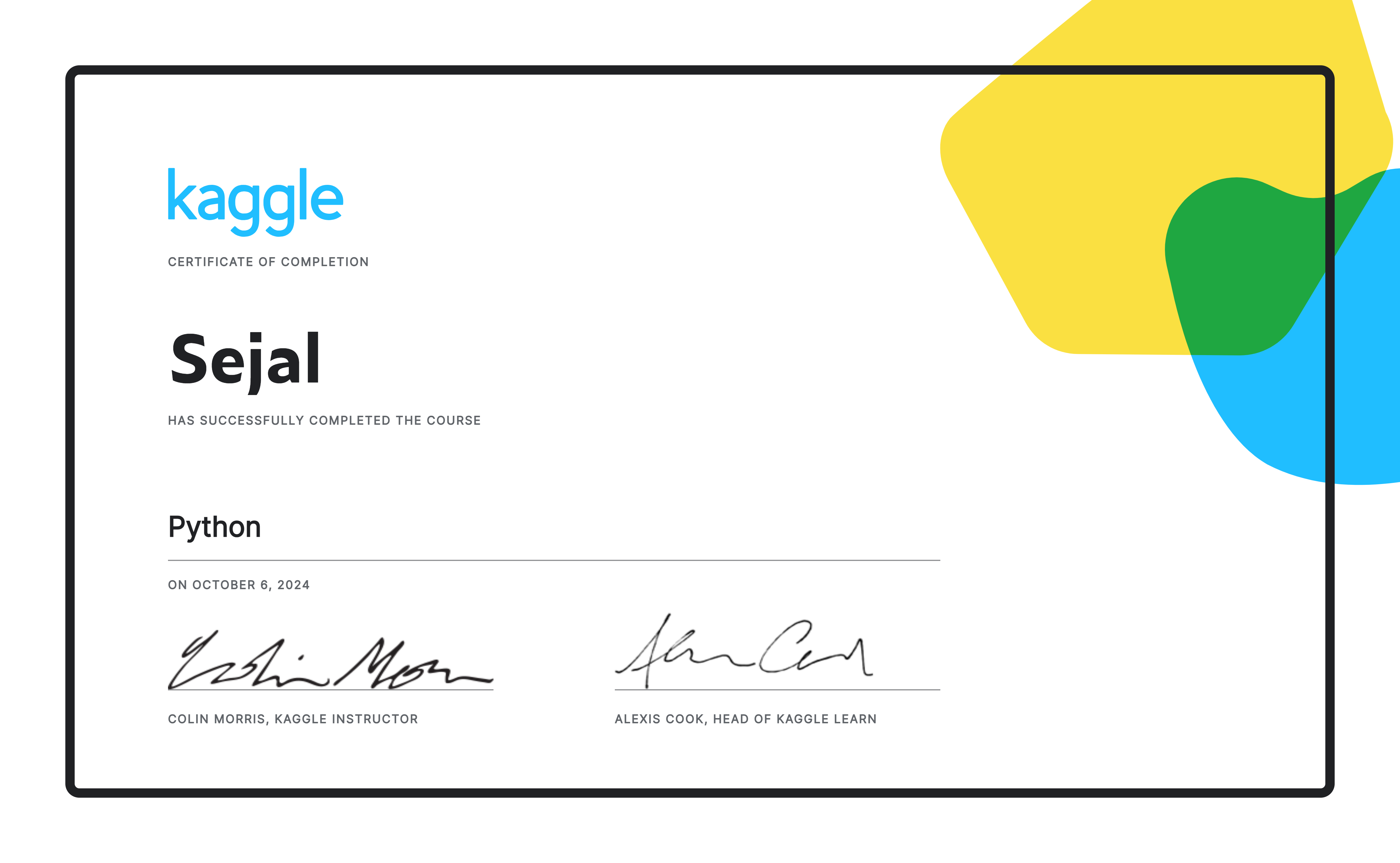 Sejal completed the Python course on Kaggle!
