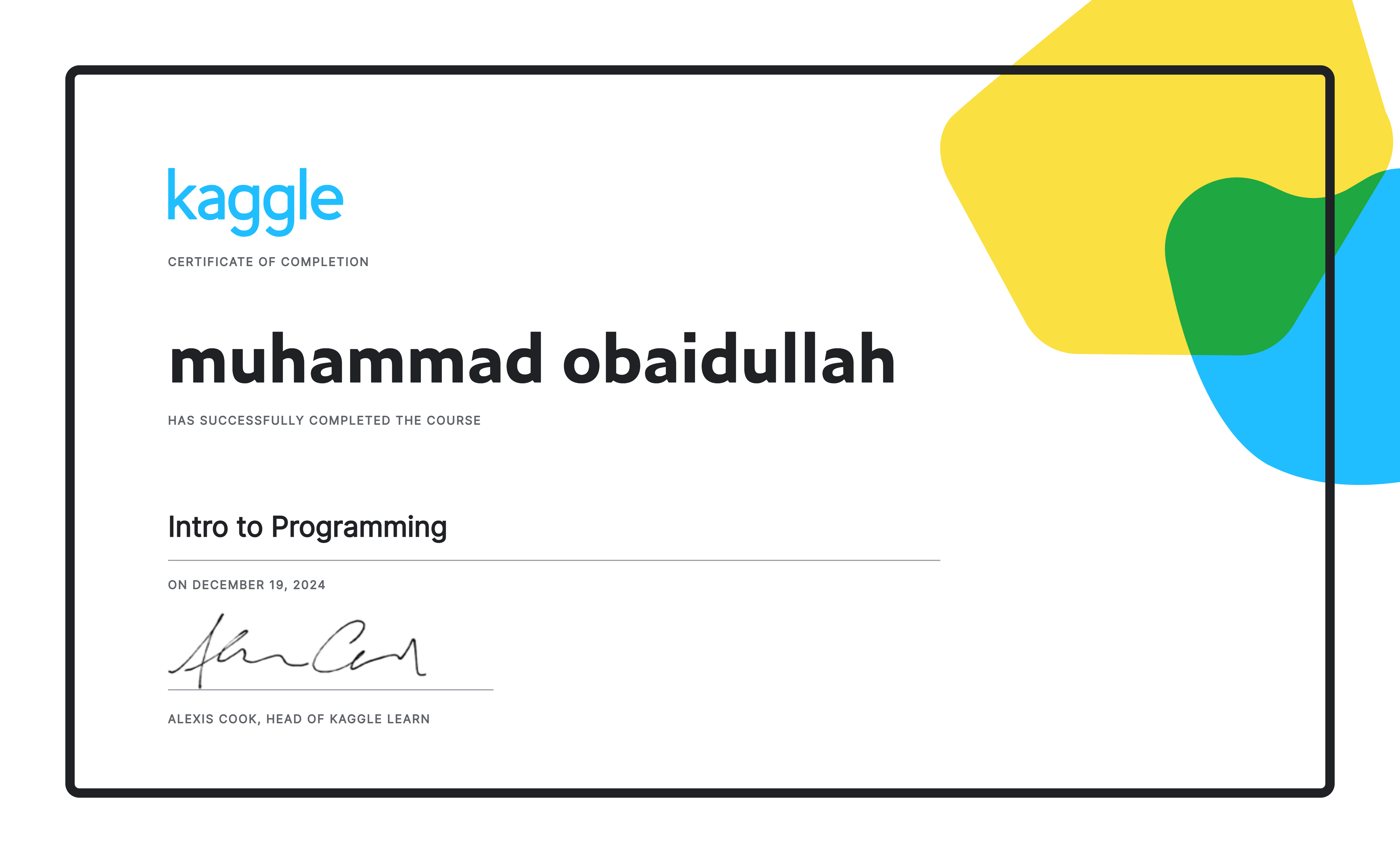 muhammad obaidullah completed the Intro to Programming course on Kaggle!
