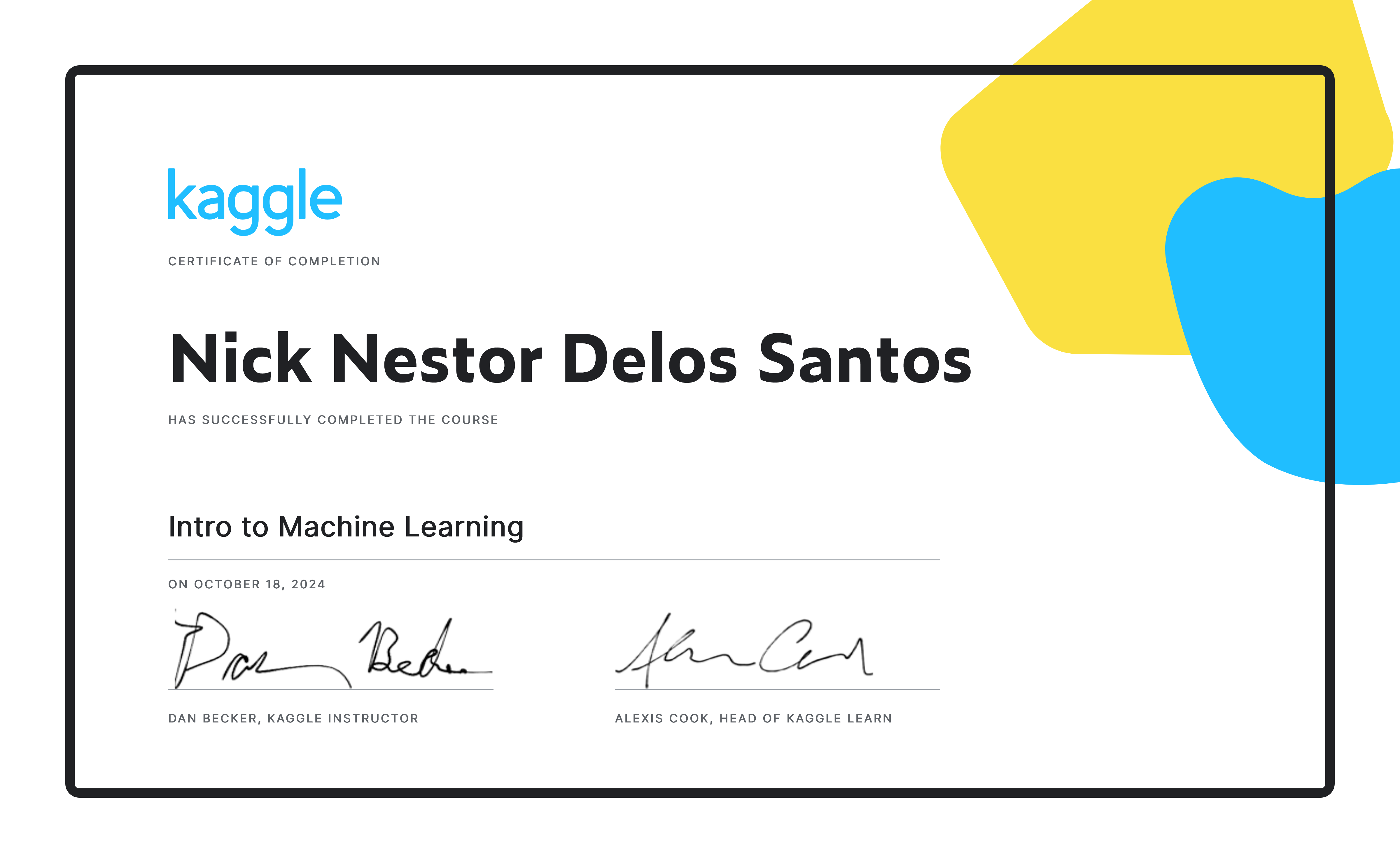 Nick Nestor Delos Santos completed the Intro to Machine Learning course on Kaggle!