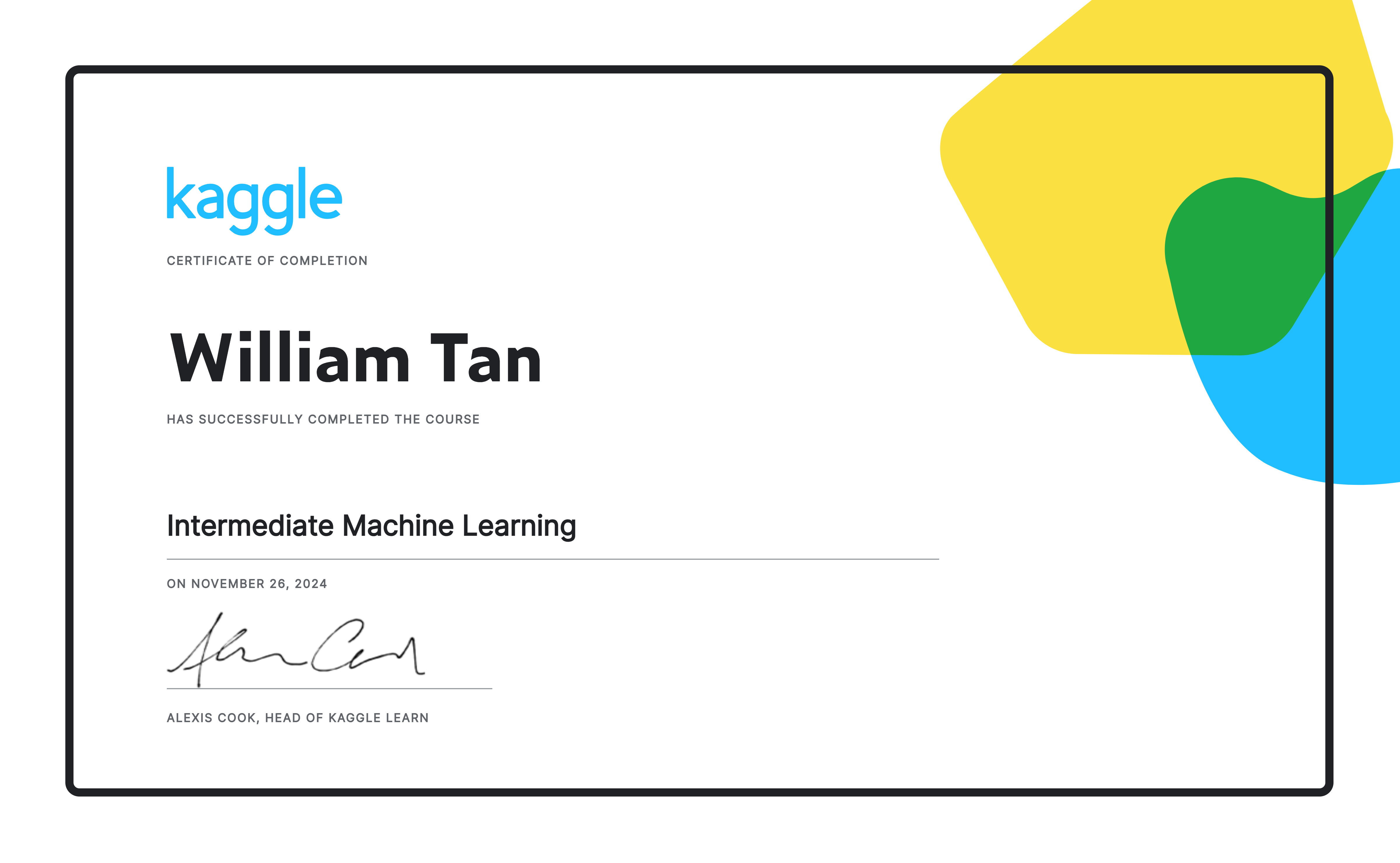 William Tan completed the Intermediate Machine Learning course on Kaggle!