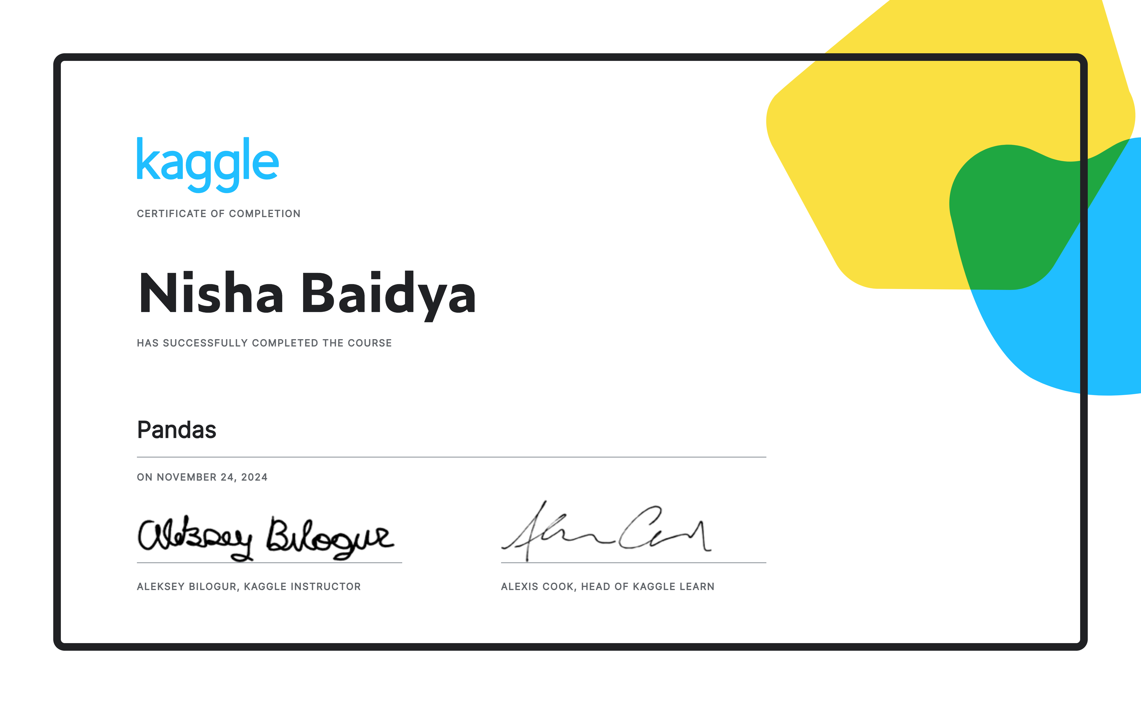 Nisha Baidya completed the Pandas course on Kaggle!