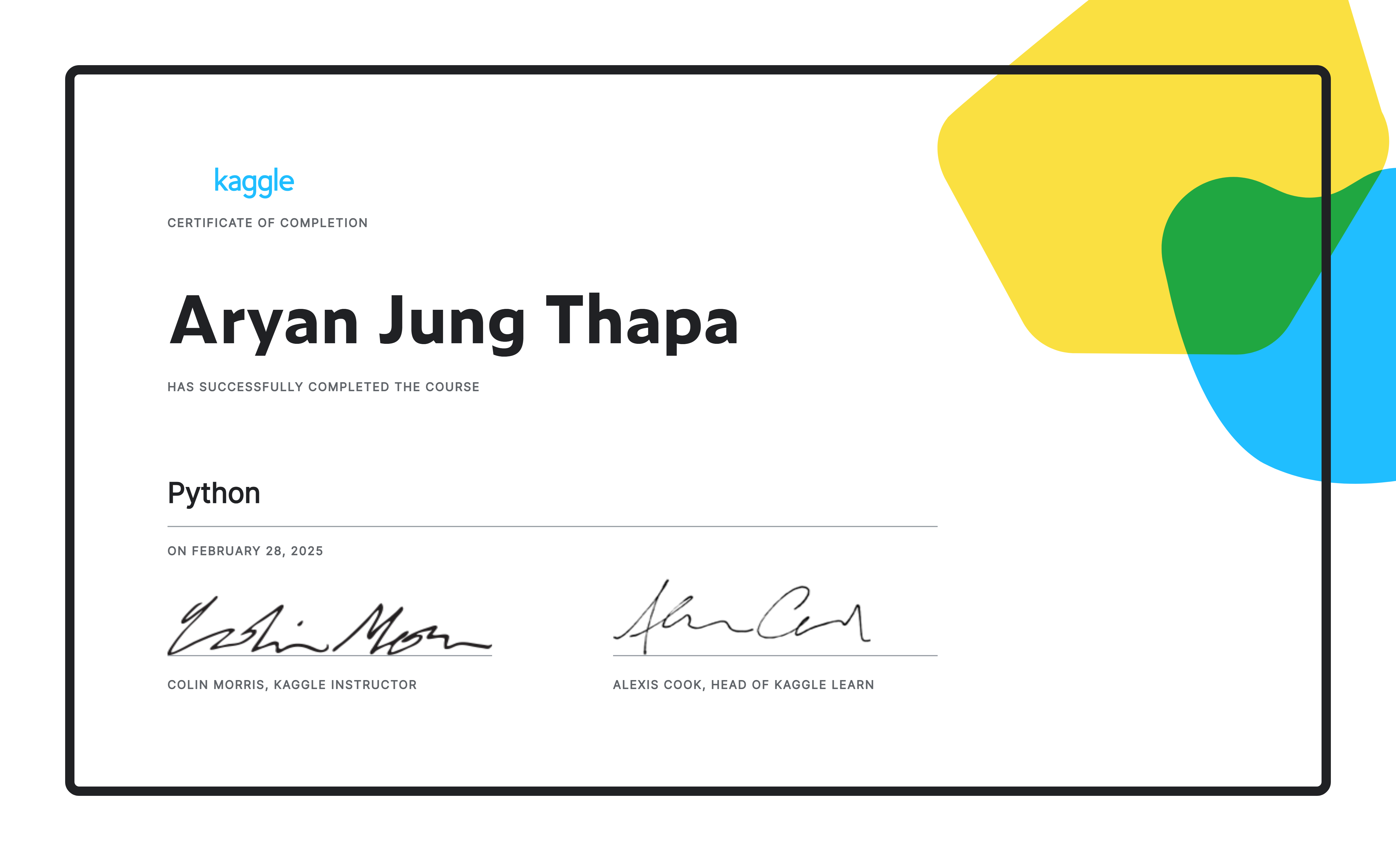Aryan Jung Thapa completed the Python course on Kaggle!