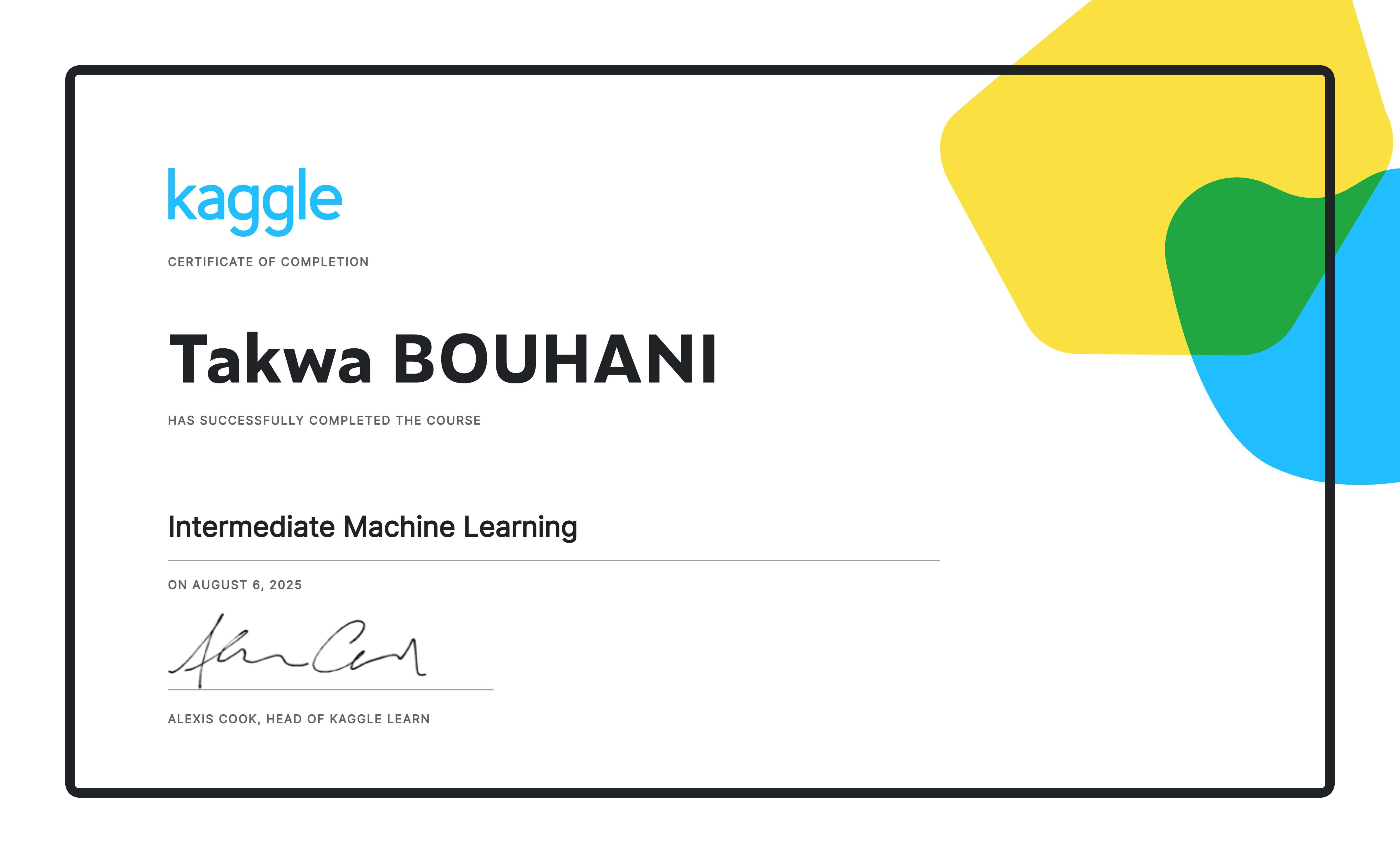 Takwa BOUHANI completed the Intermediate Machine Learning course on Kaggle!