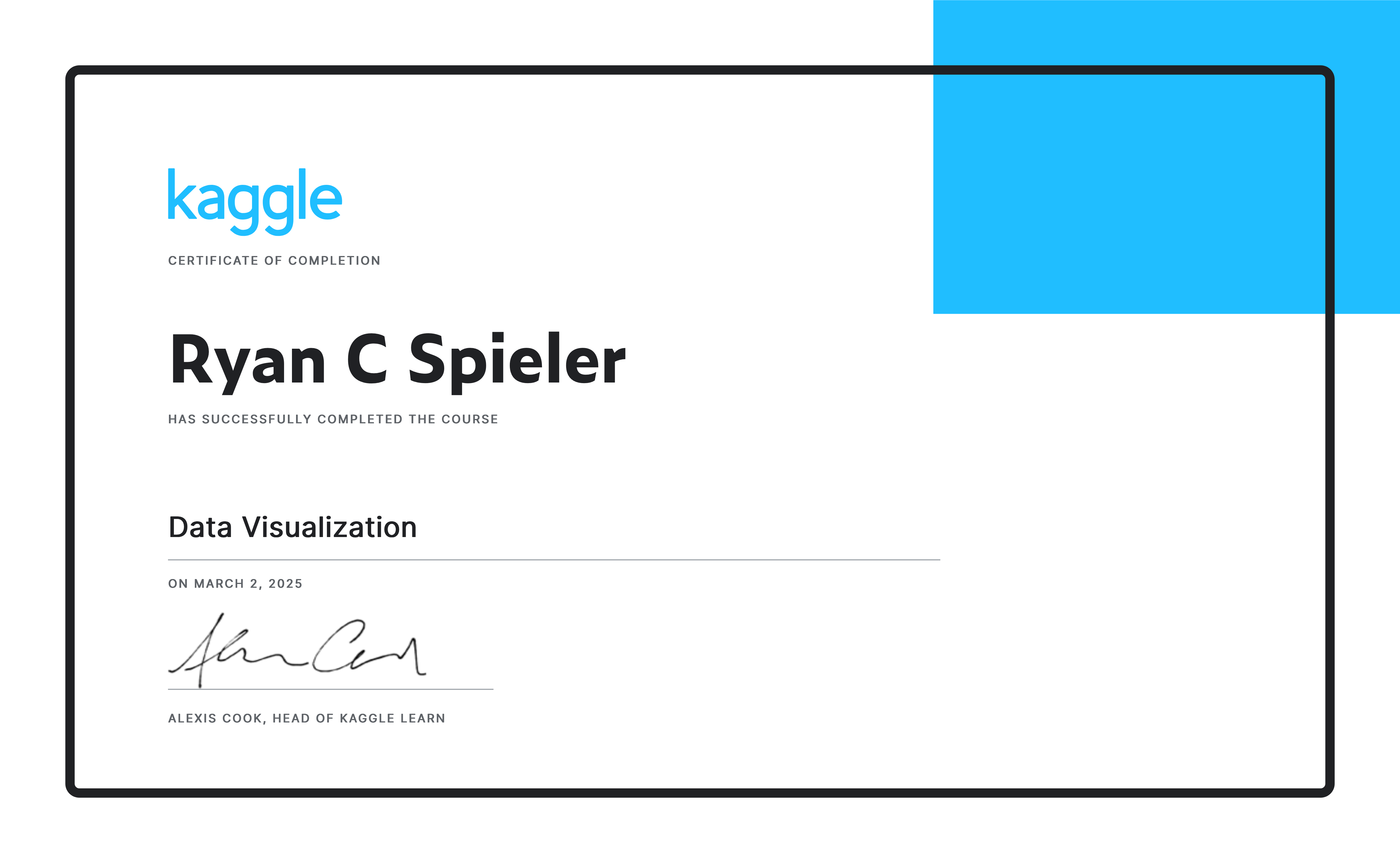 Ryan C Spieler completed the Data Visualization course on Kaggle!