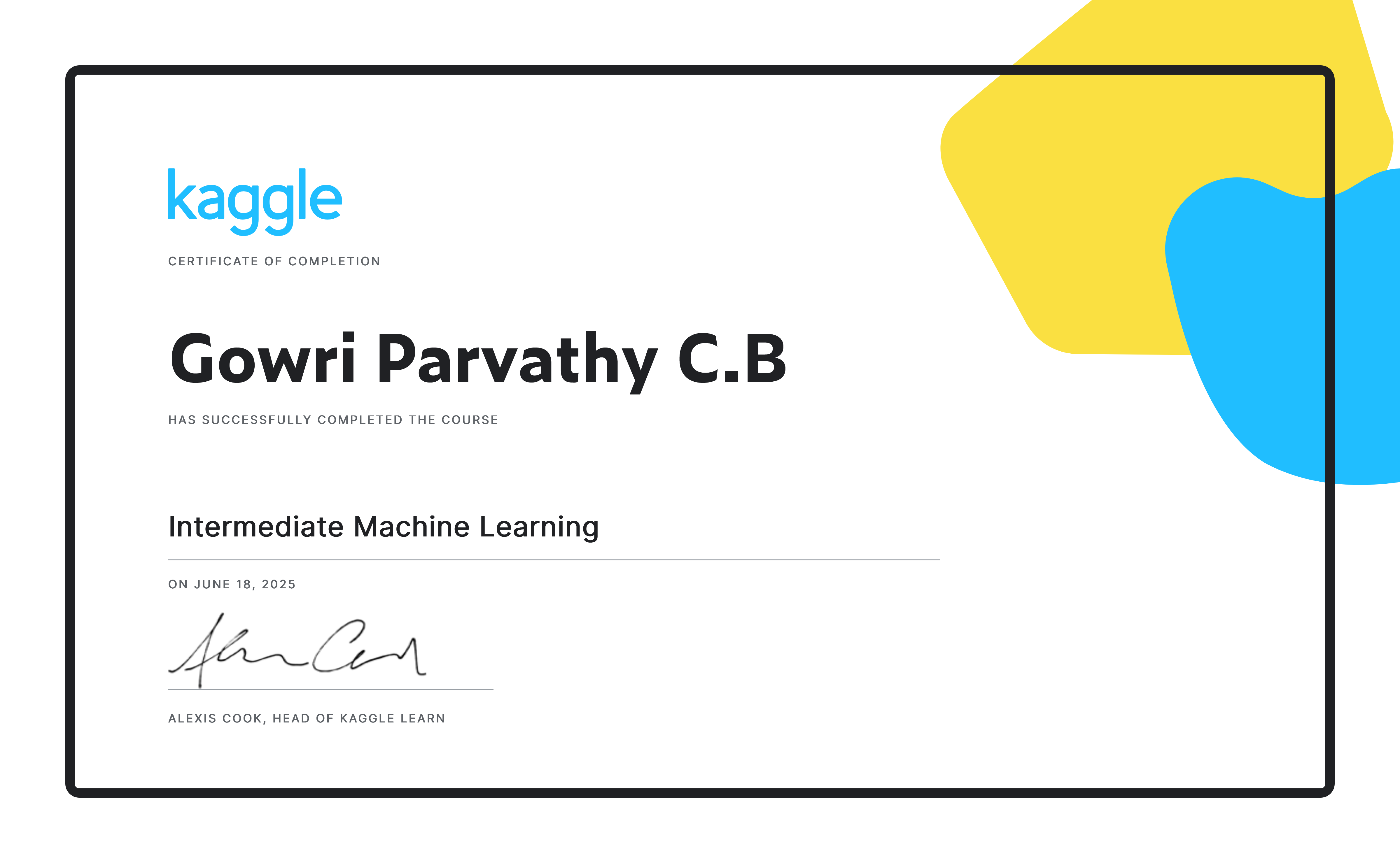 Gowri Parvathy C.B completed the Intermediate Machine Learning course ...