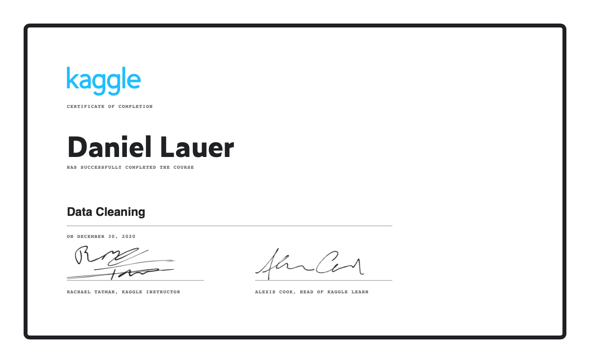 Daniel Lauer, Ph.D. completed the Data Cleaning course on Kaggle!