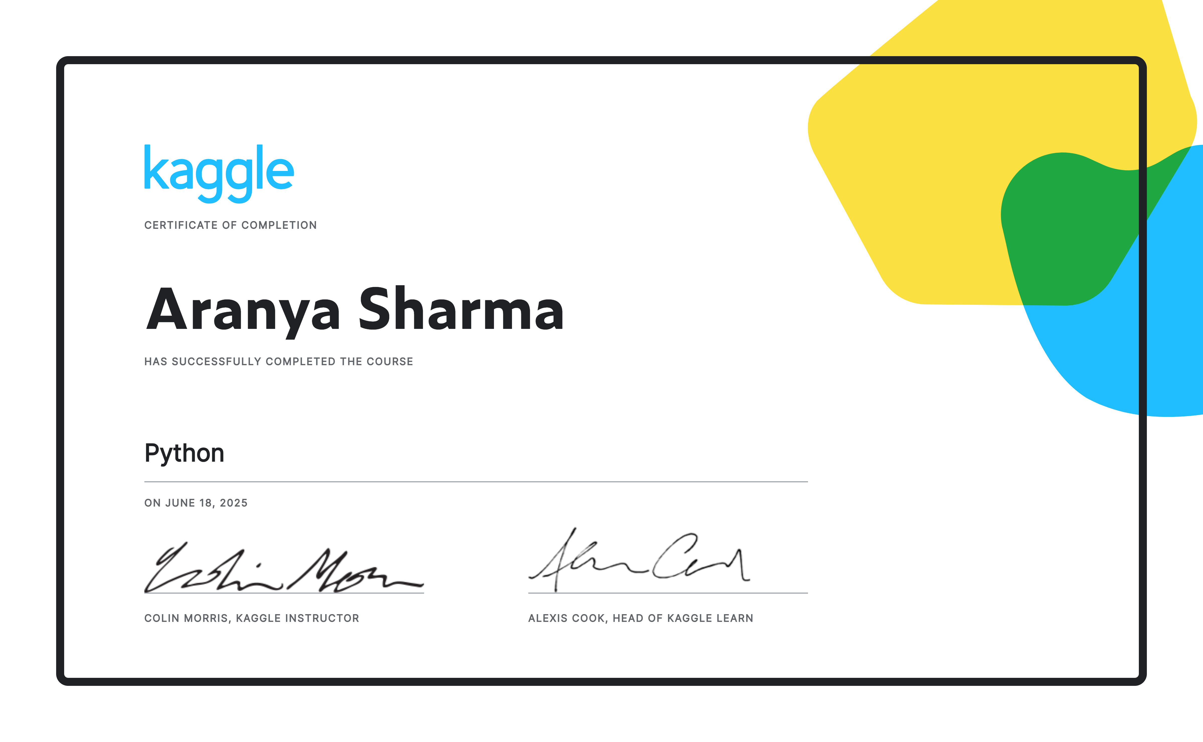 Aranya Sharma completed the Python course on Kaggle!