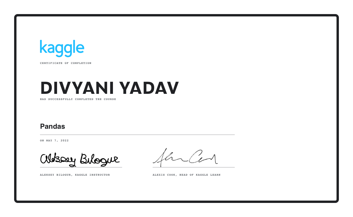 Divyani Yadav Completed The Pandas Course On Kaggle