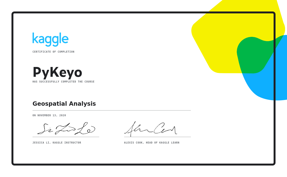 PyKeyo completed the Geospatial Analysis course on Kaggle!