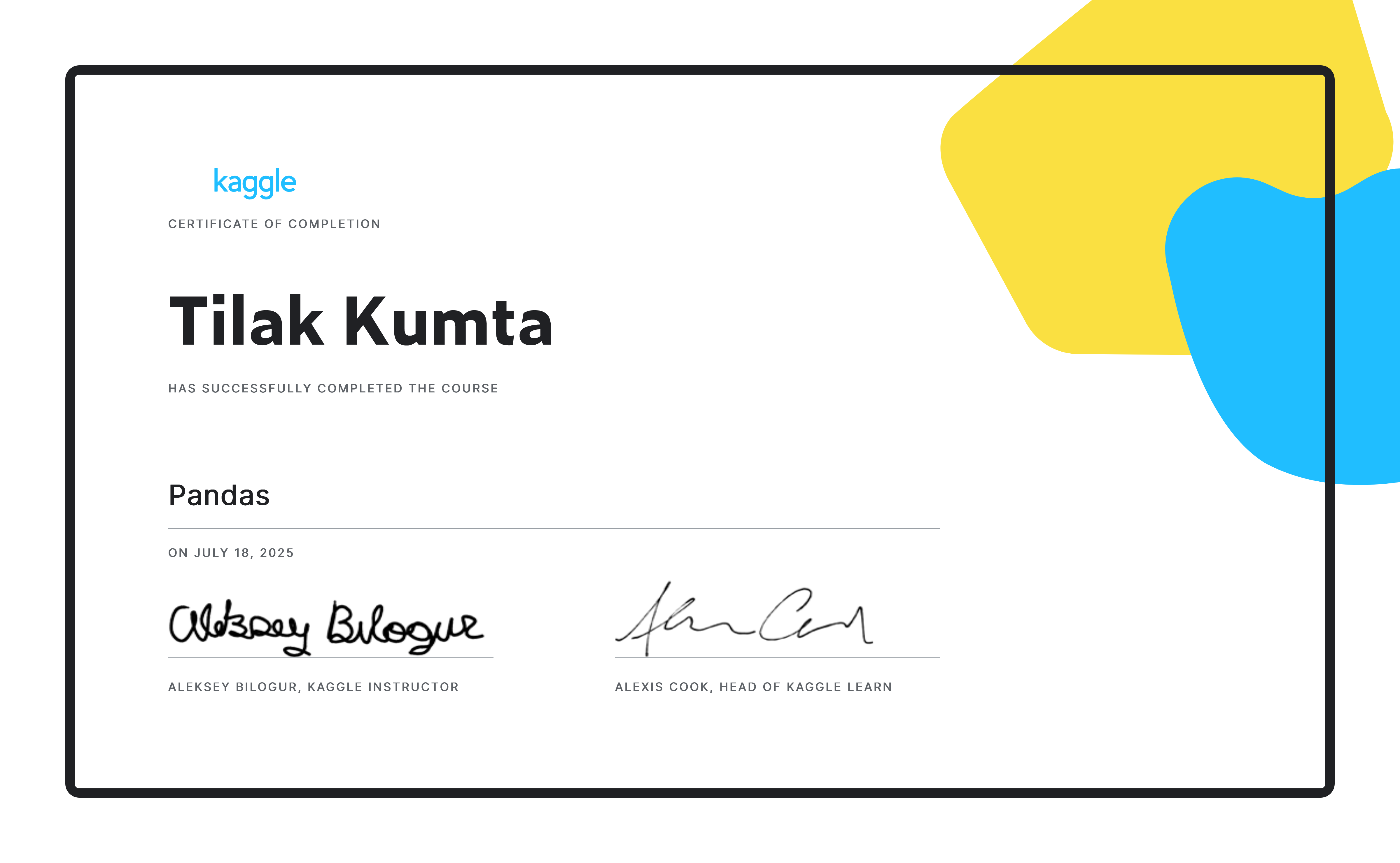 Tilak Kumta completed the Pandas course on Kaggle!