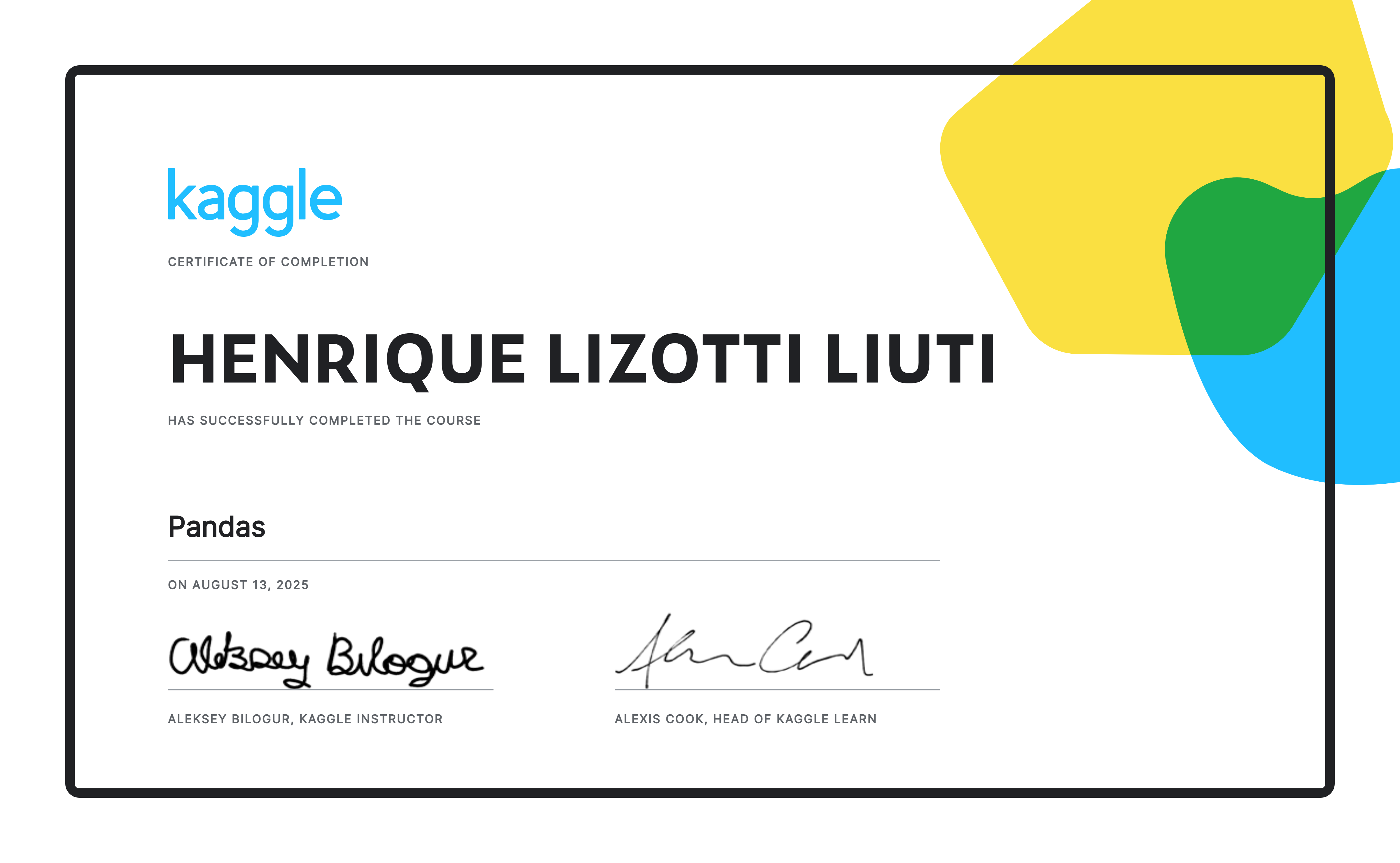 HENRIQUE LIZOTTI LIUTI completed the Pandas course on Kaggle!
