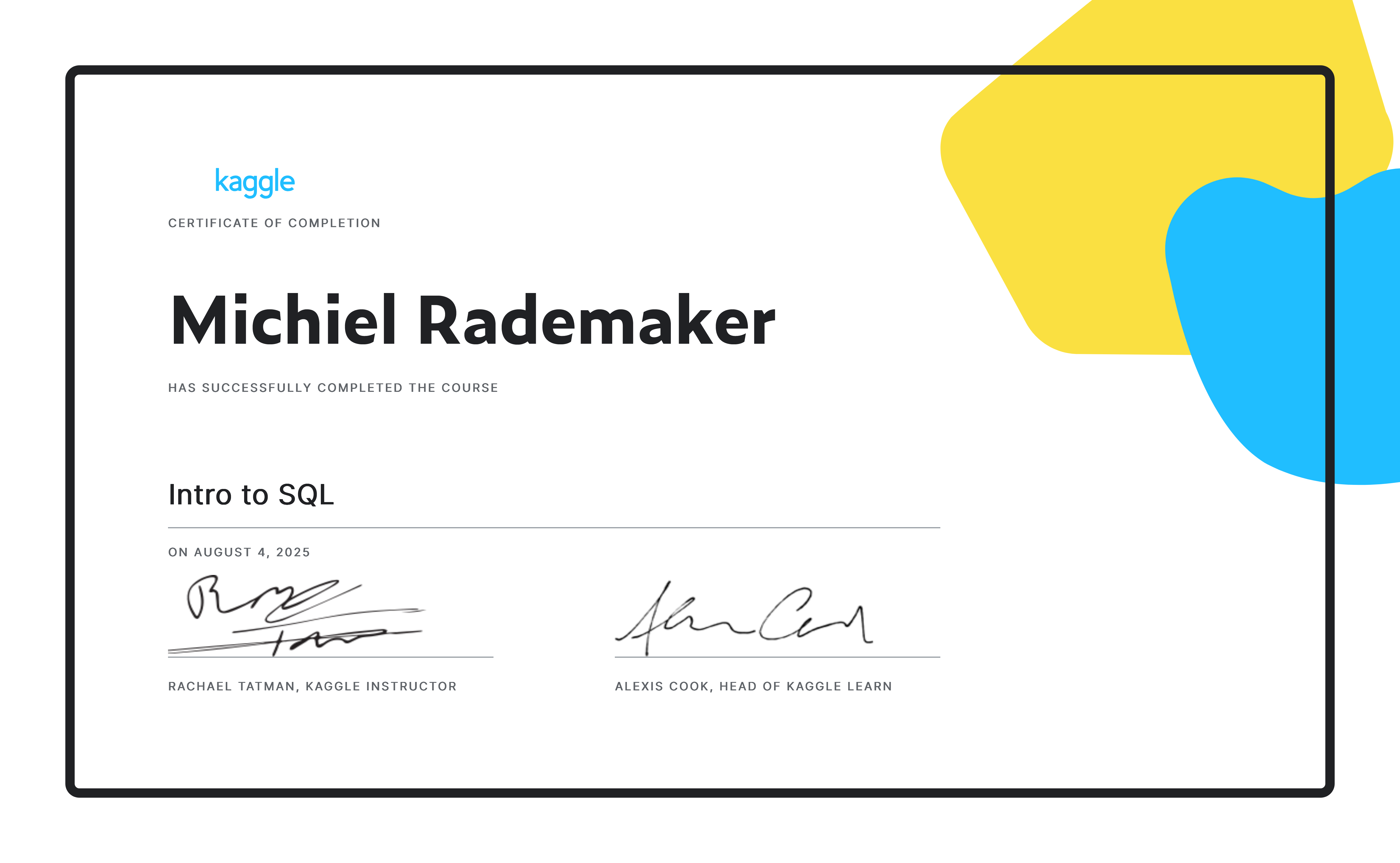 Michiel Rademaker completed the Intro to SQL course on Kaggle!