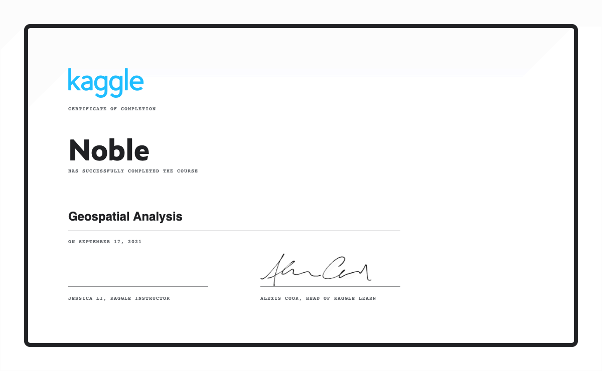Noble completed the Geospatial Analysis course on Kaggle!