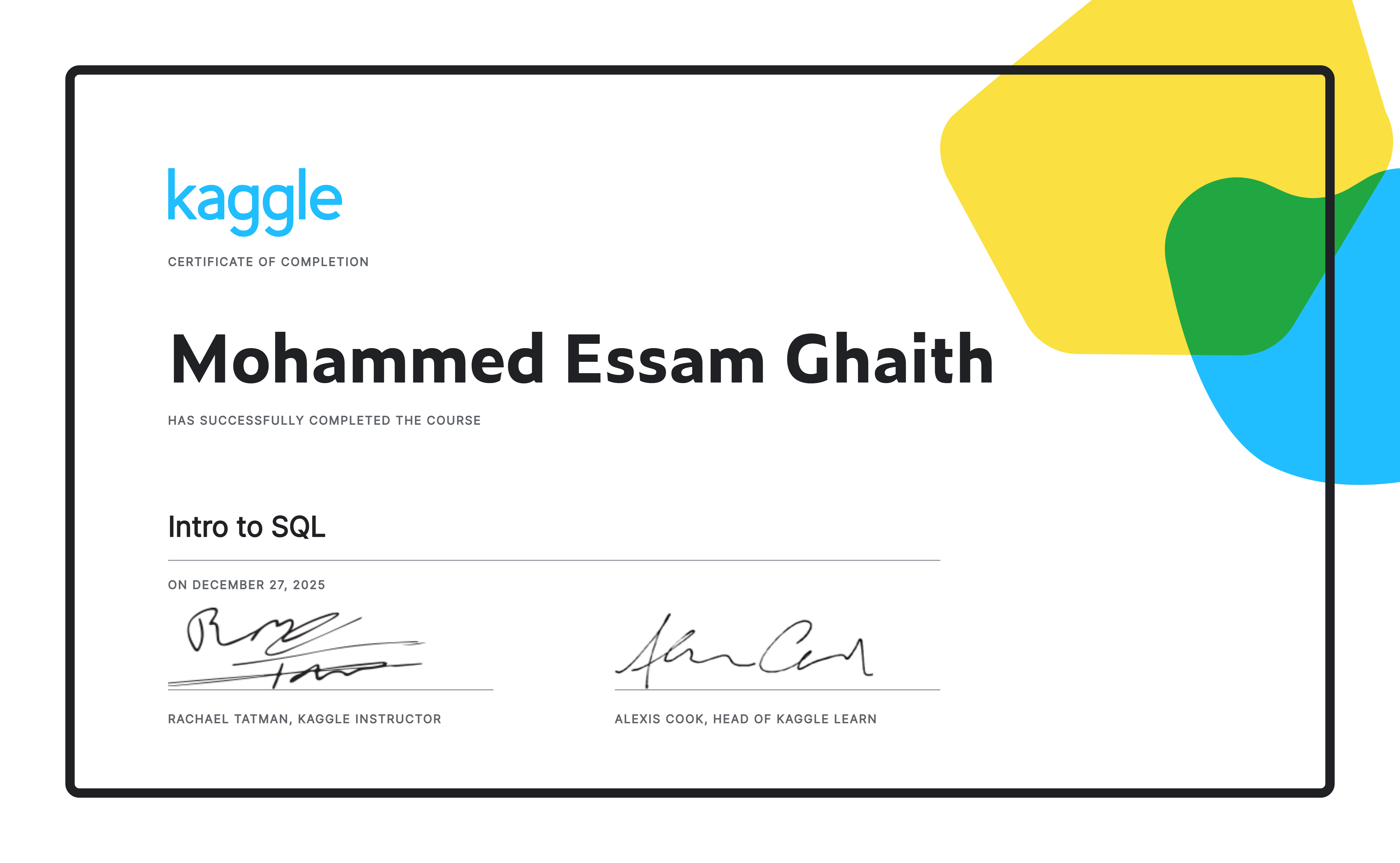 Mohammed Essam Ghaith completed the Intro to SQL course on Kaggle!