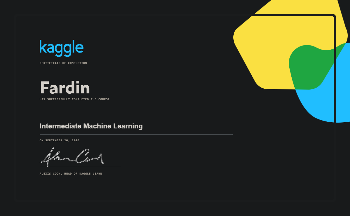 Fardin completed the Intermediate Machine Learning course on Kaggle!