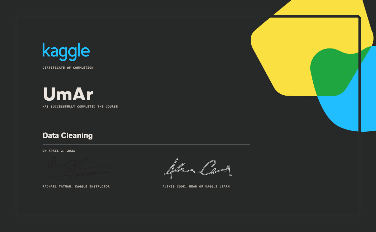 UmAr completed the Data Cleaning course on Kaggle!