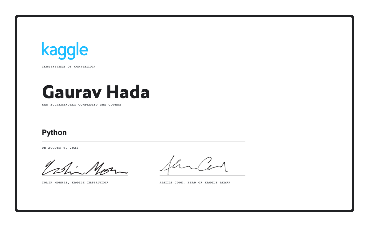 Gaurav Hada Completed The Python Course On Kaggle