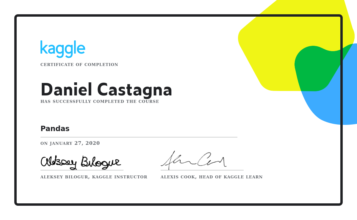 Daniel Castagna completed the Pandas course on Kaggle!