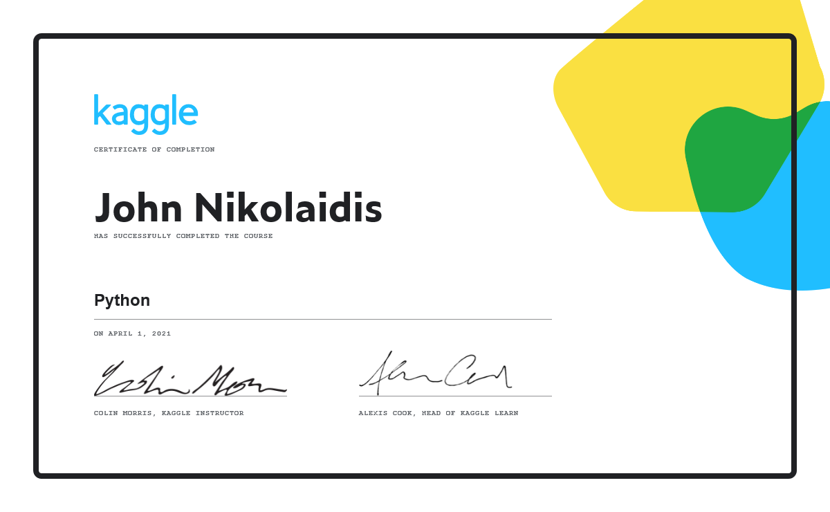 John Nikolaidis completed the Python course on Kaggle!