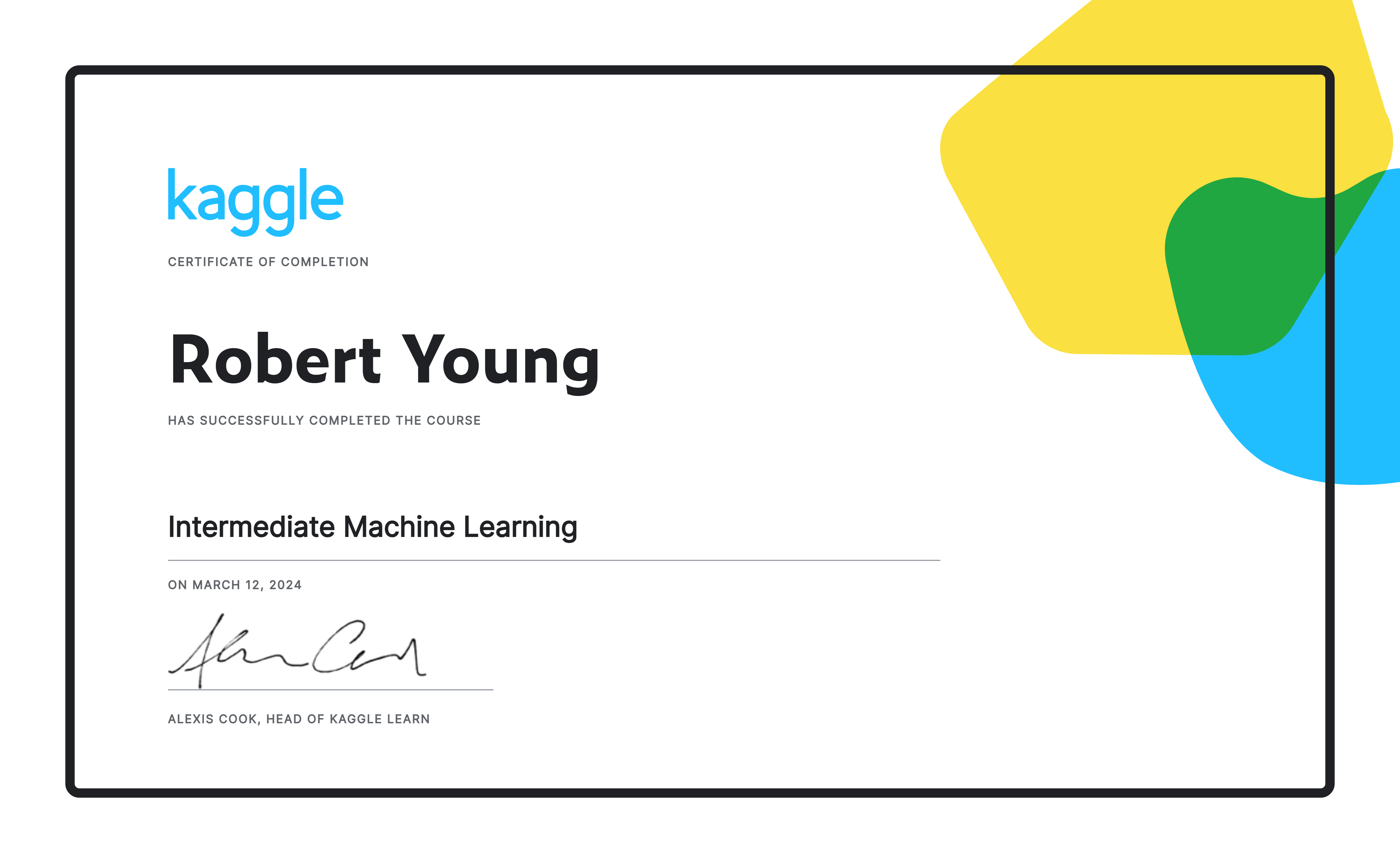 Robert Young completed the Intermediate Machine Learning course on Kaggle!