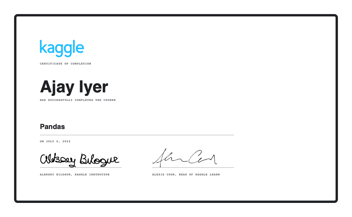 Ajay Iyer completed the Pandas course on Kaggle!