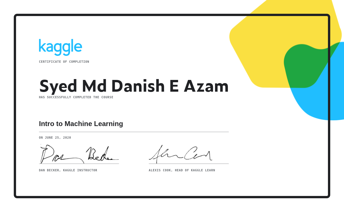 Syed Md Danish E Azam completed the Intro to Machine Learning course on ...