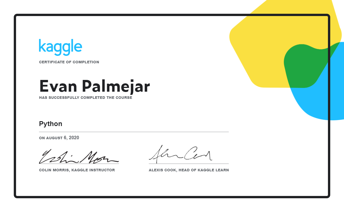 Evan Palmejar completed the Python course on Kaggle!
