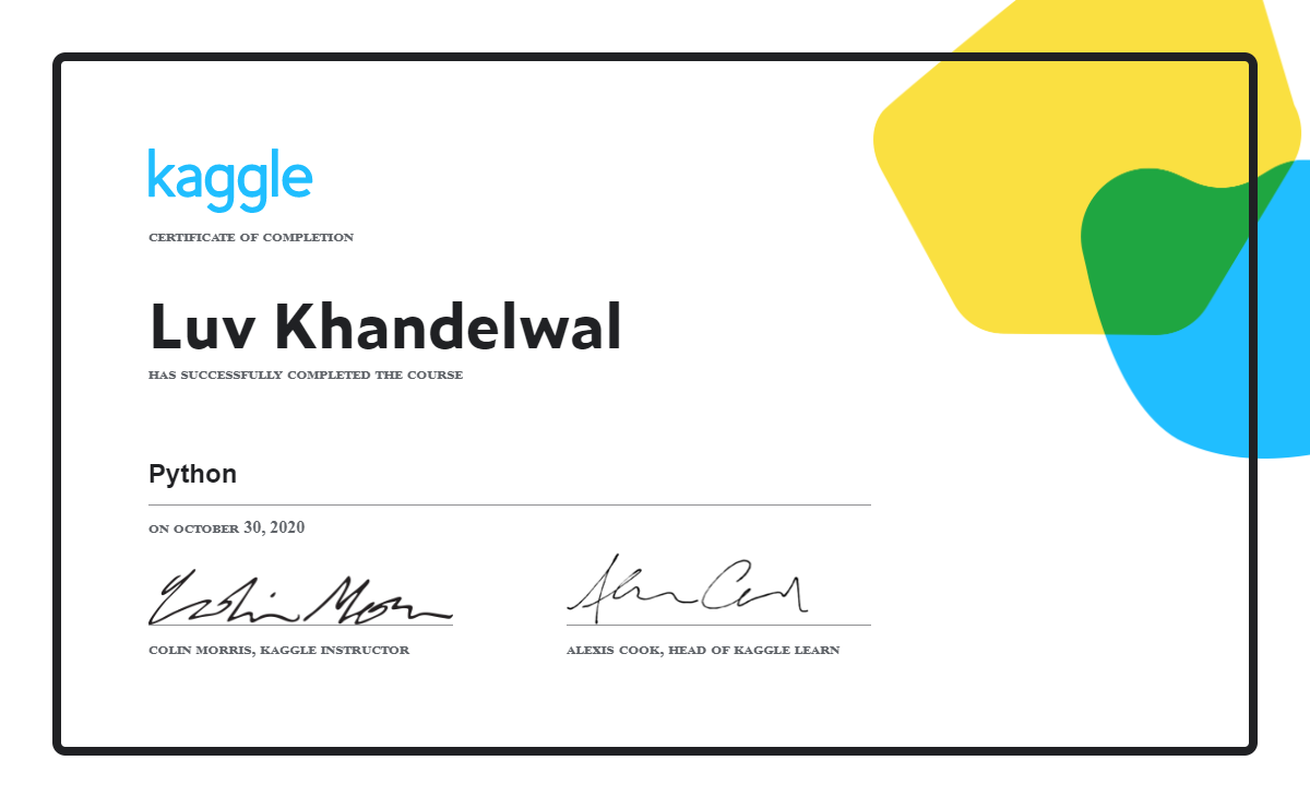 Luv Khandelwal completed the Python course on Kaggle!