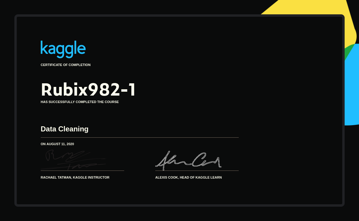 Rubix982-1 completed the Data Cleaning course on Kaggle!