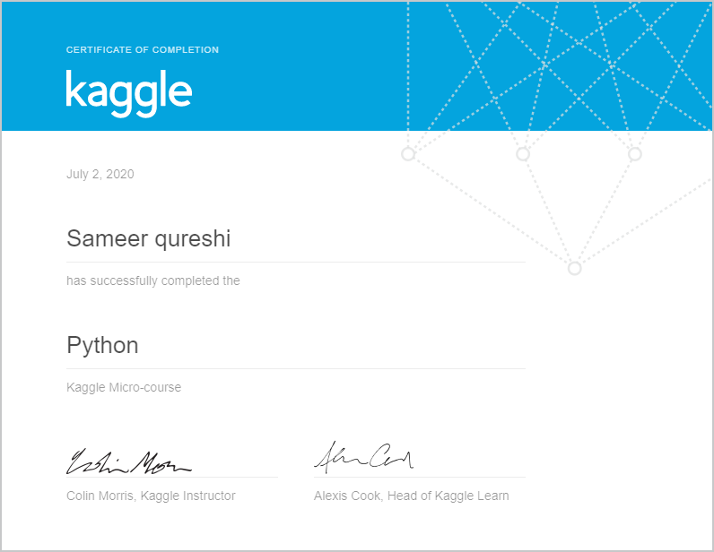 Sameer qureshi completed the Python course on Kaggle!