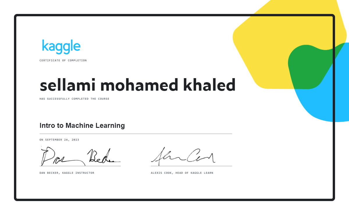 Sellami Mohamed Khaled completed the Intro to Machine Learning course on Kaggle!