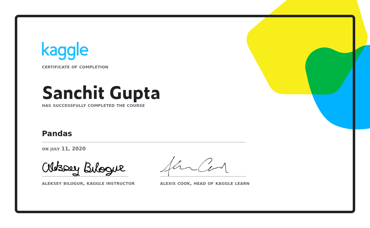 Sanchit Gupta completed the Pandas course on Kaggle!