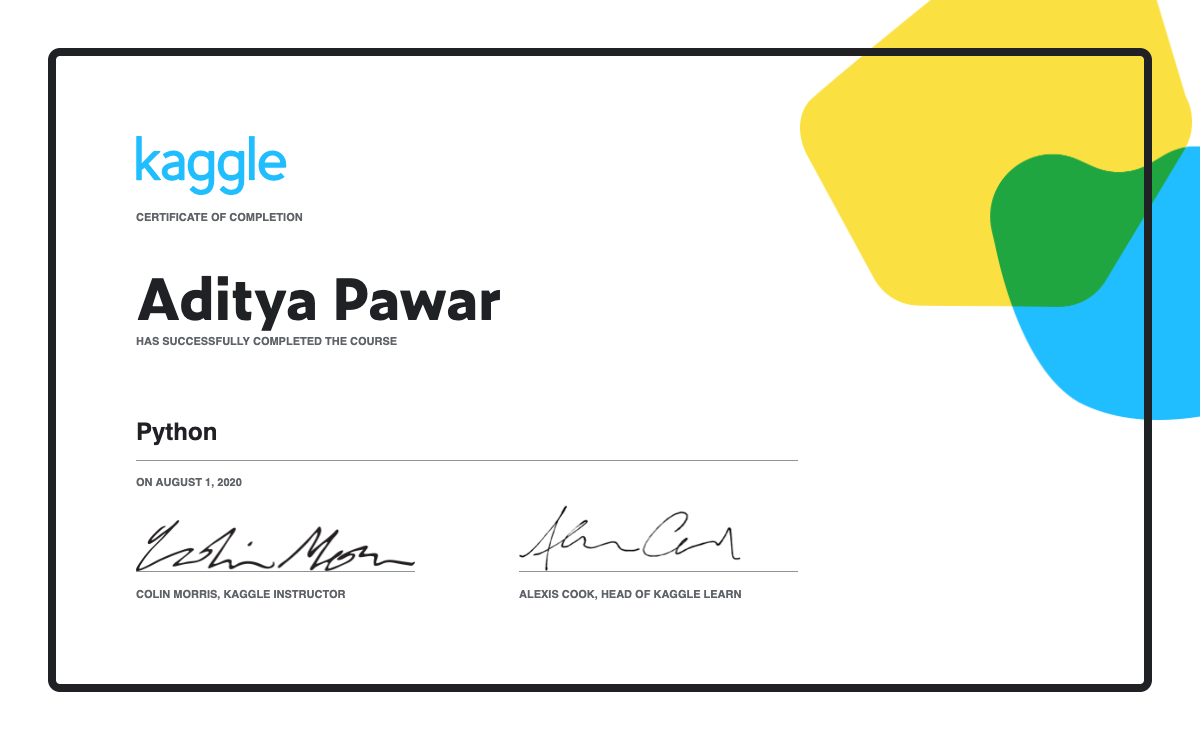 Aditya Pawar Completed The Python Course On Kaggle
